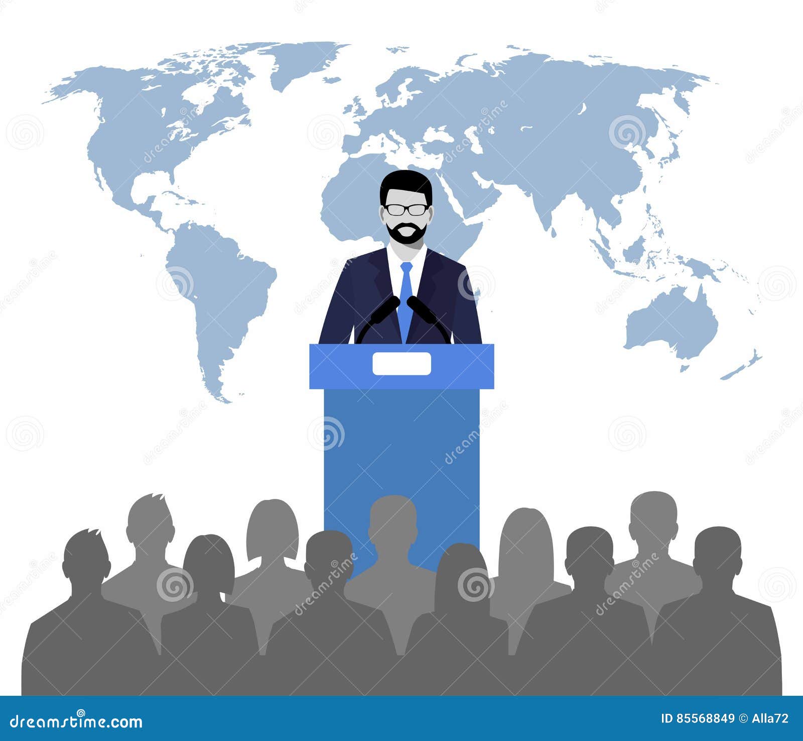 Orator Speaking from Tribune on a Background Map of the World. Public ...