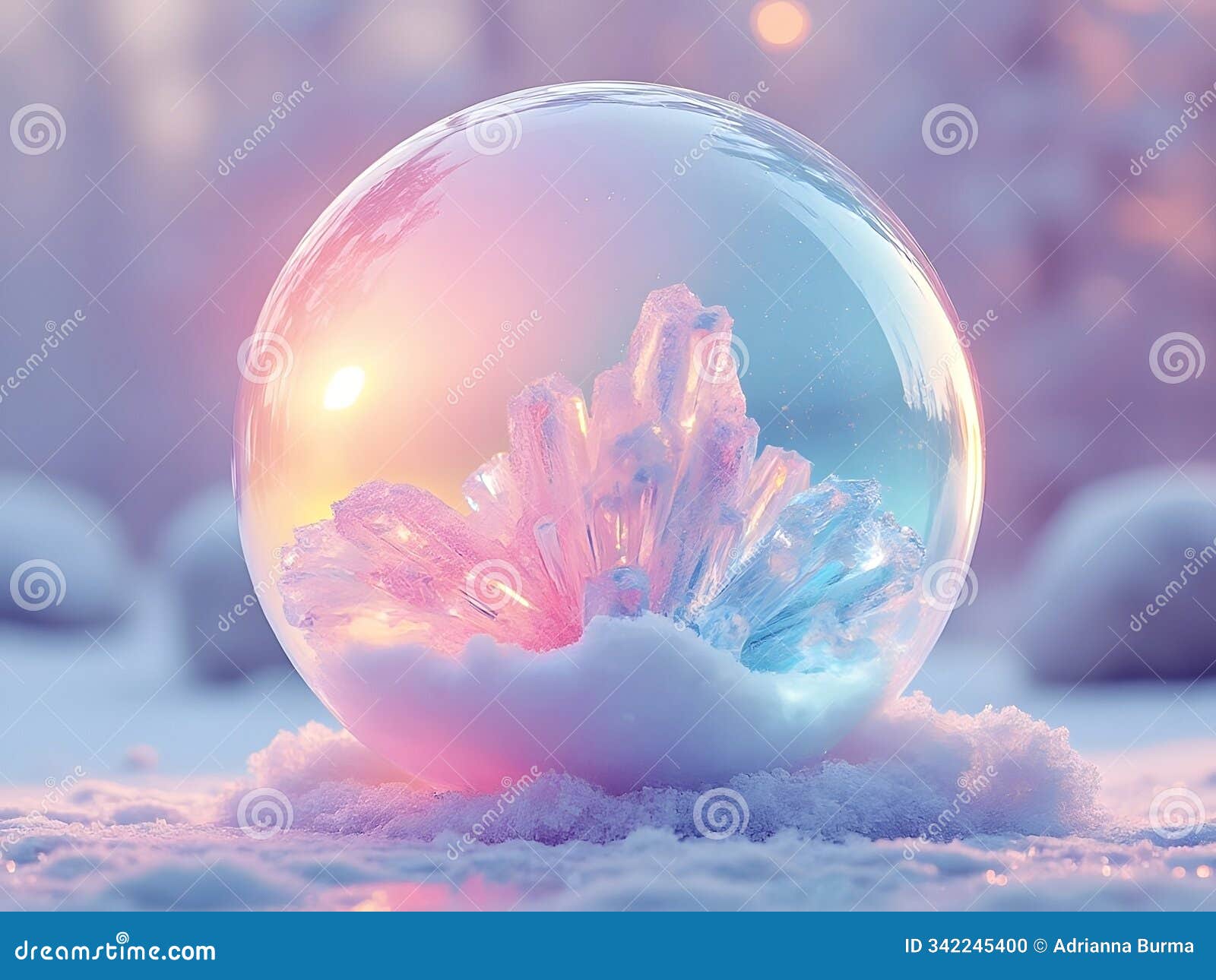 Orb Sitting in Snow with Pastel Colored Crystals Inside and Sun ...