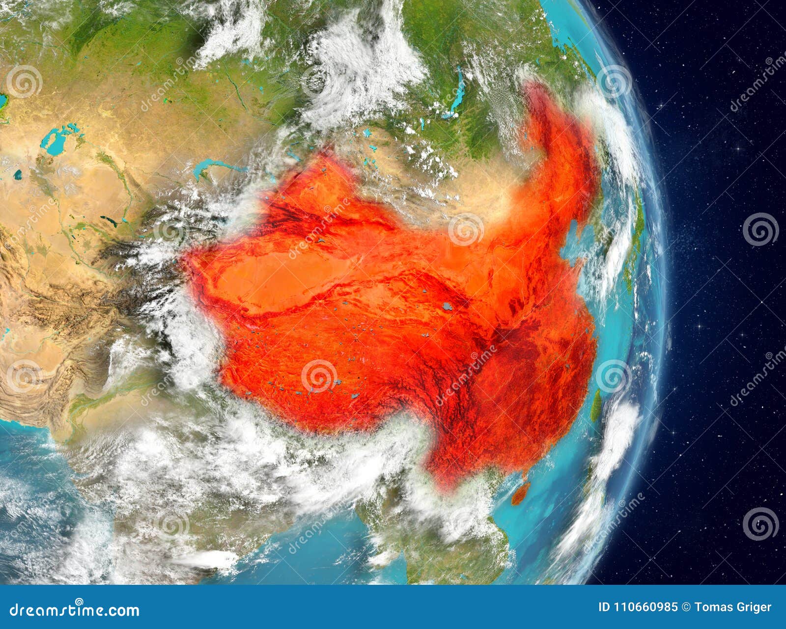 Orbit view of China in red stock illustration. Illustration of asia ...