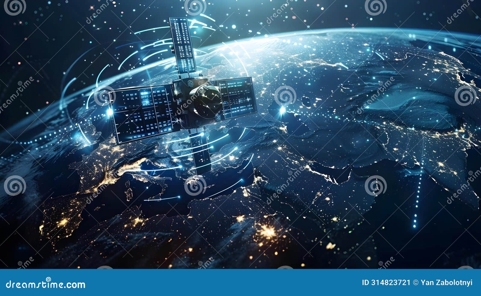 Orbiting Satellite Over Digital Earth Data. Concept Earth Observation ...