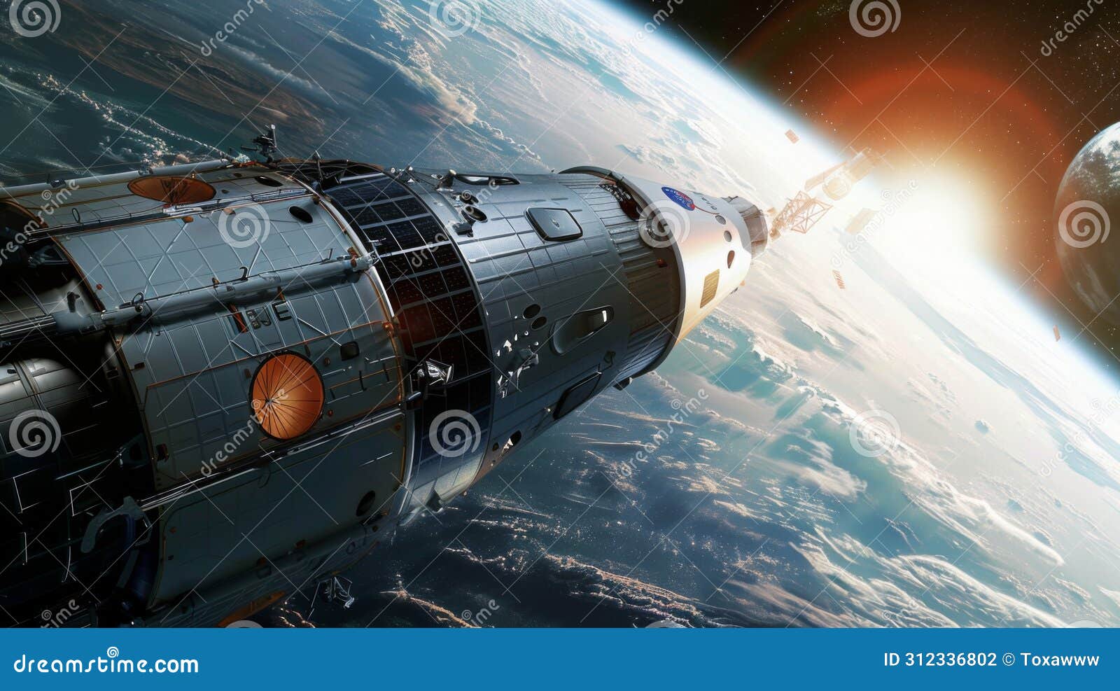Orbiting Spacecraft with Earth in the Background at Sunset Stock Photo ...