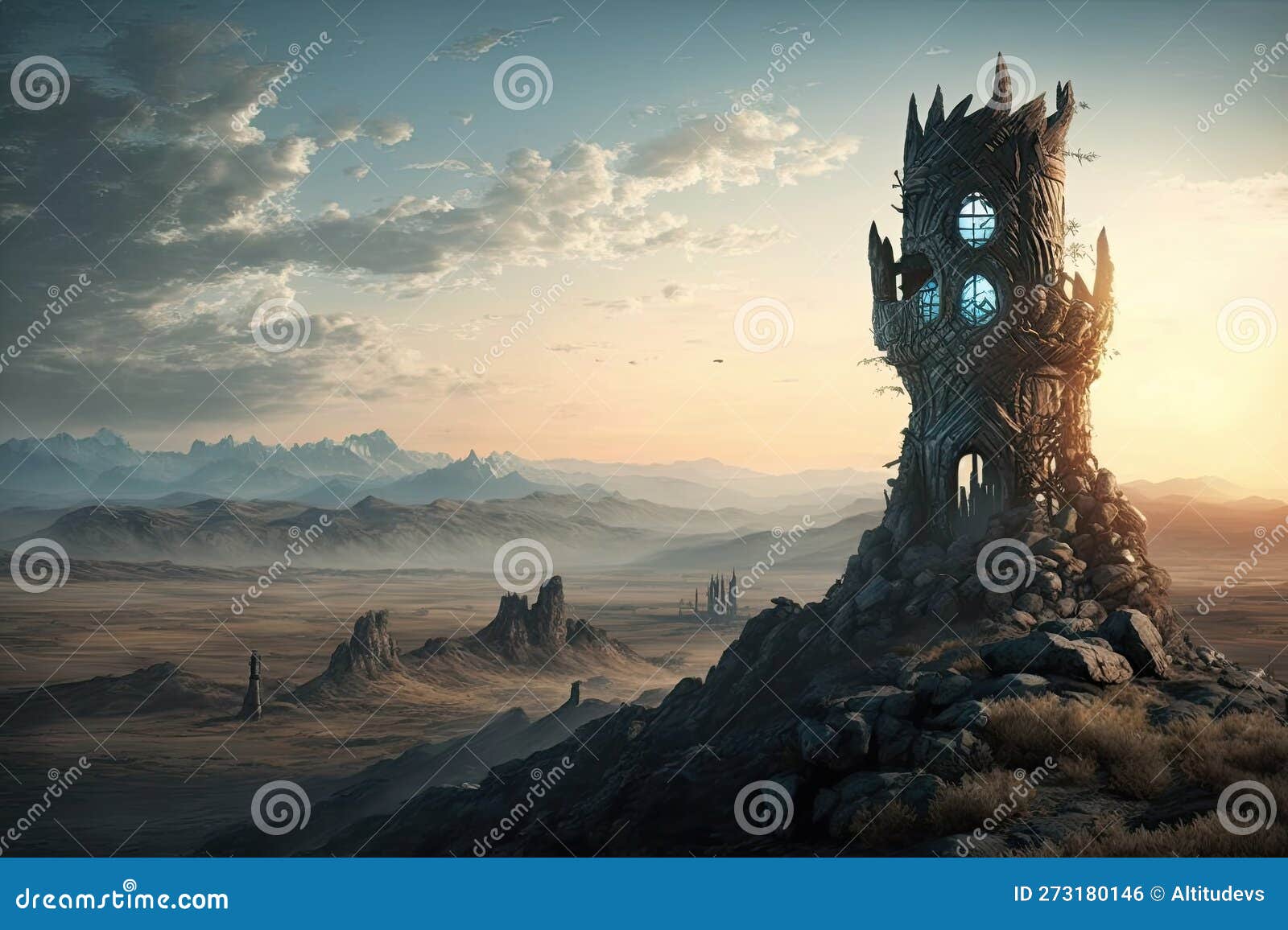 Orc Guard Tower Overlooking Desolate Mordor Landscape Stock ...