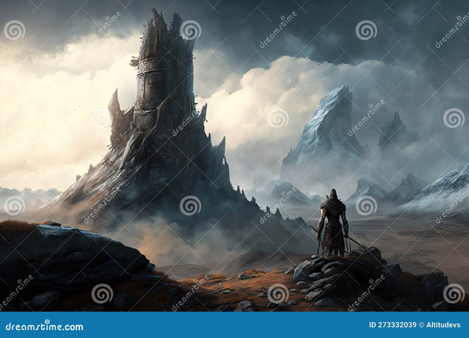 Orc Guard Tower Overlooking Desolate Mordor Landscape Stock ...