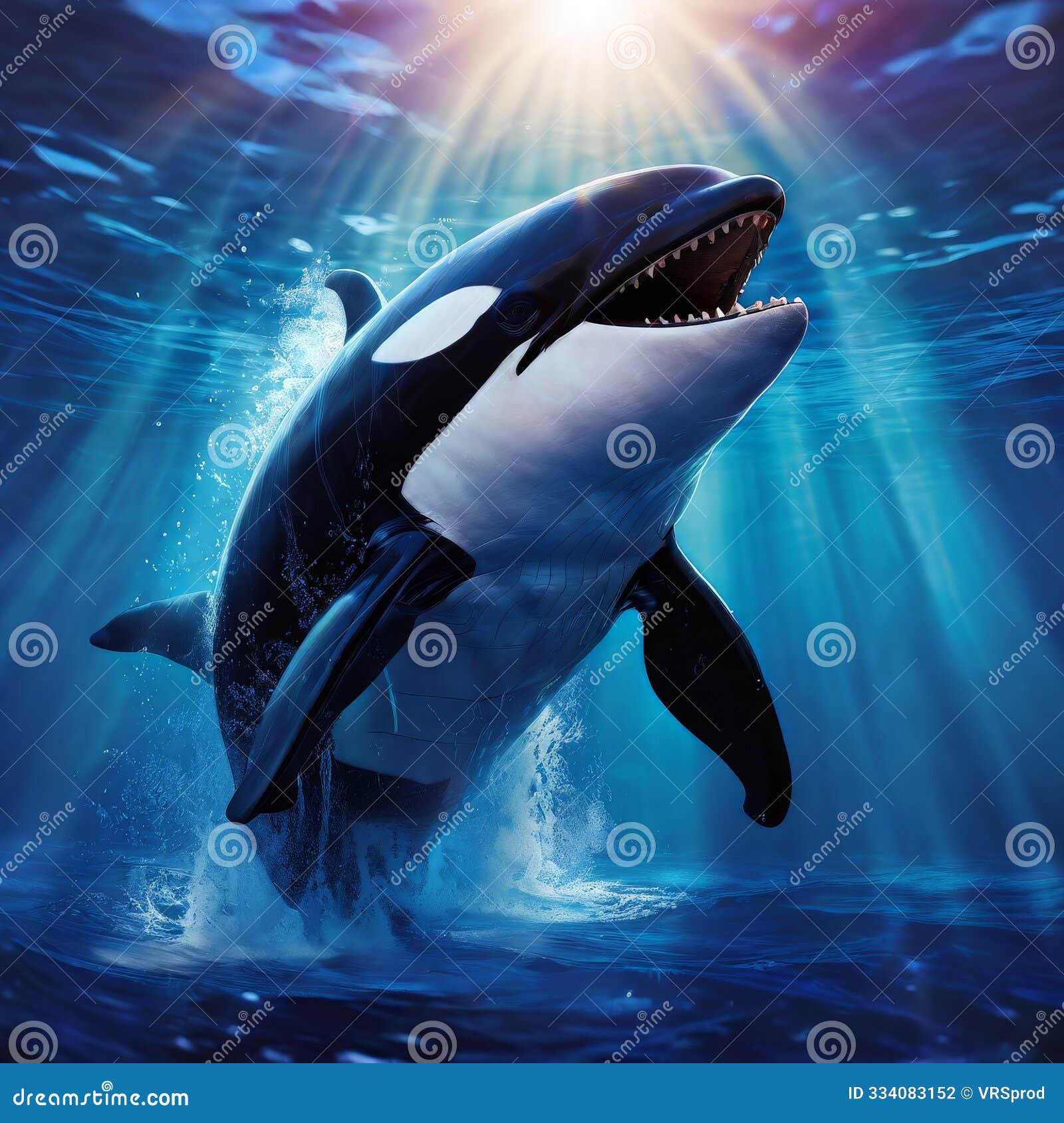 Orca Breaching in Deep Blue Ocean Under Sunlight Stock Photo - Image of ...
