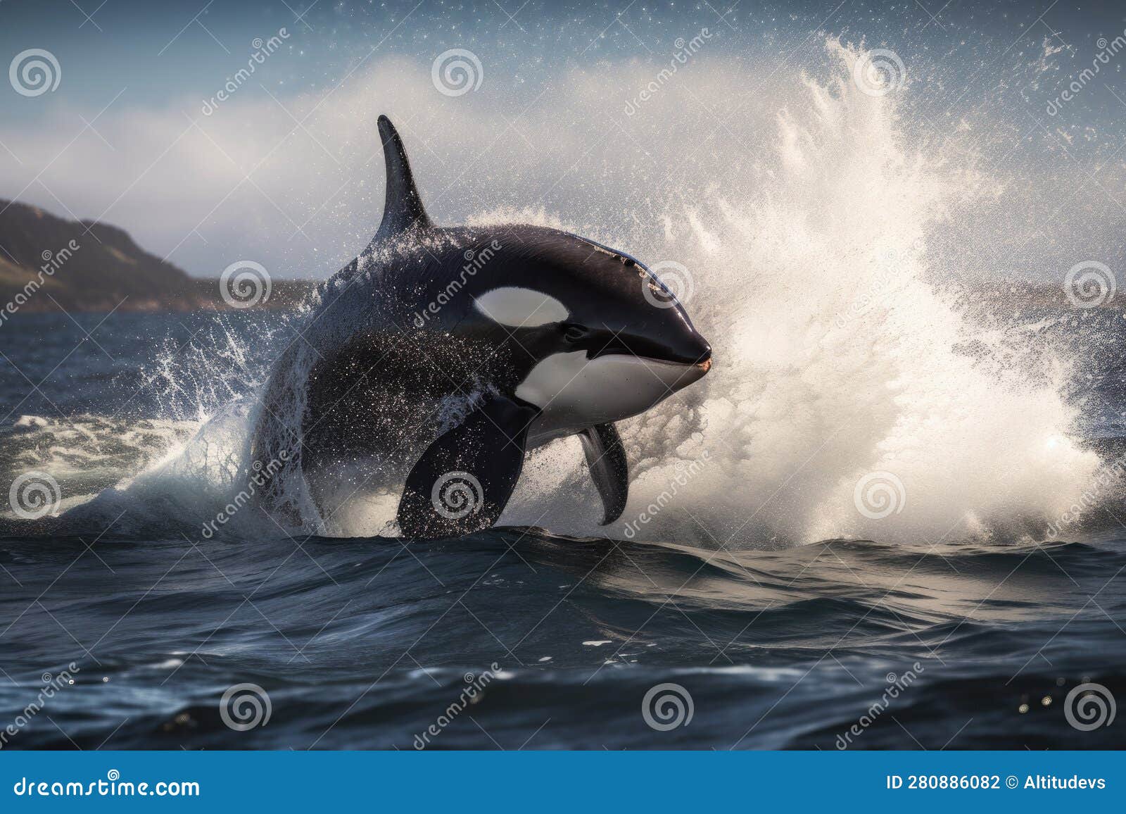 Orca Breaching in the Open Ocean, Creating a Splash Stock Illustration ...
