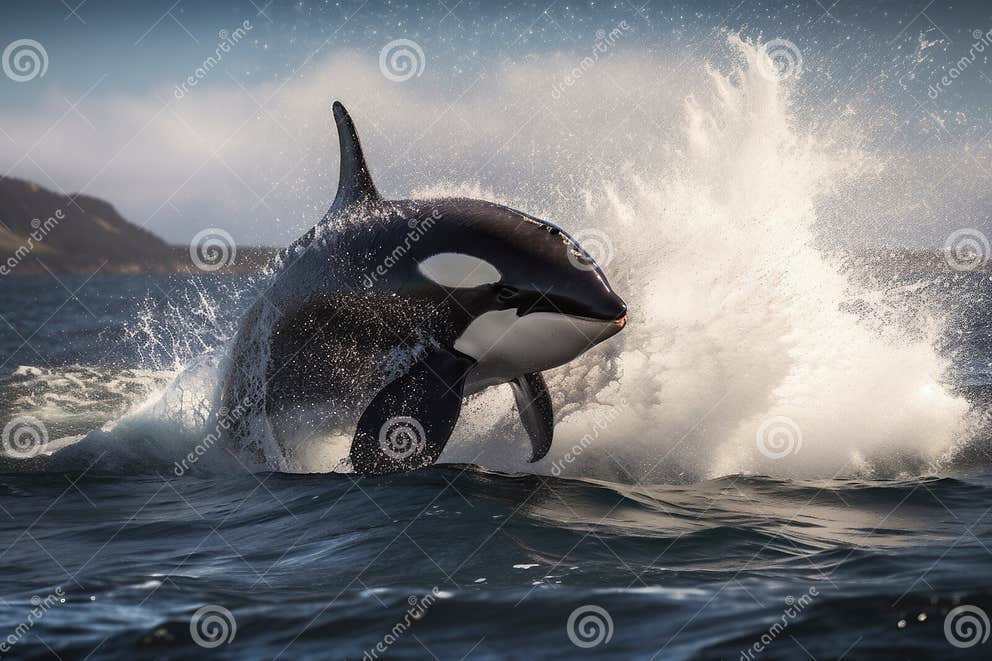 Orca Breaching in the Open Ocean, Creating a Splash Stock Illustration ...