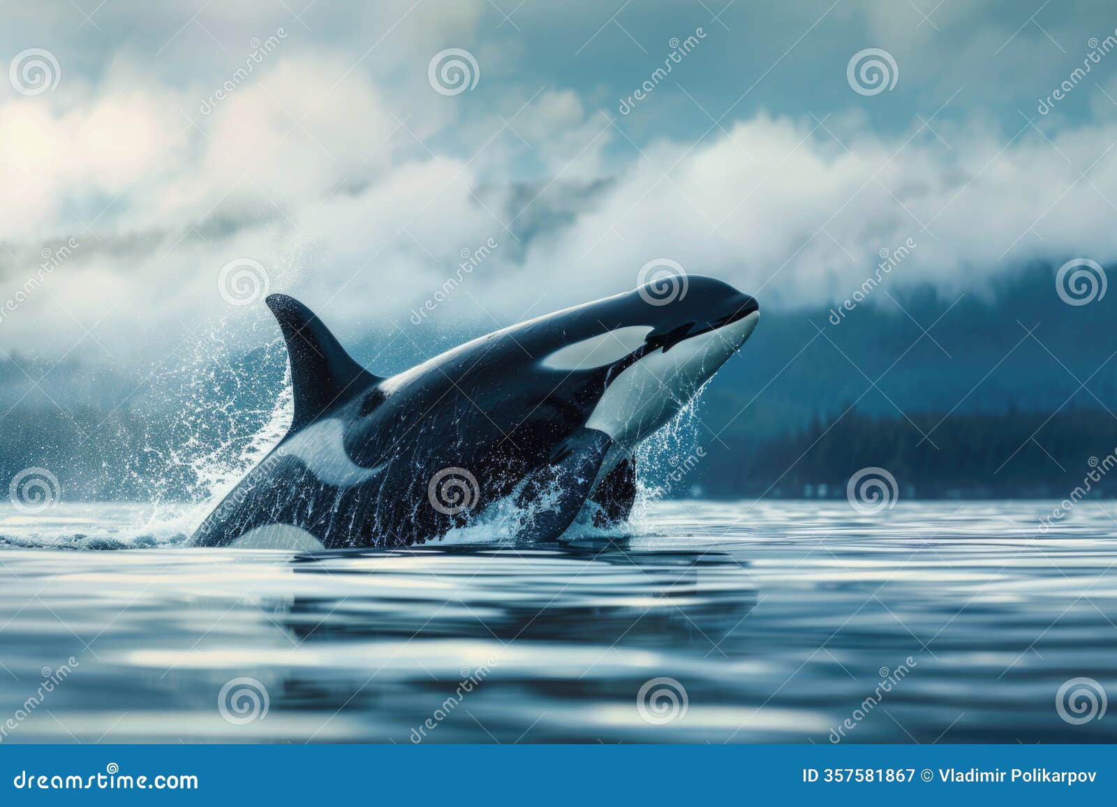 Orca Whale Breaching Ocean Surface with Splash and Mist Stock Image ...