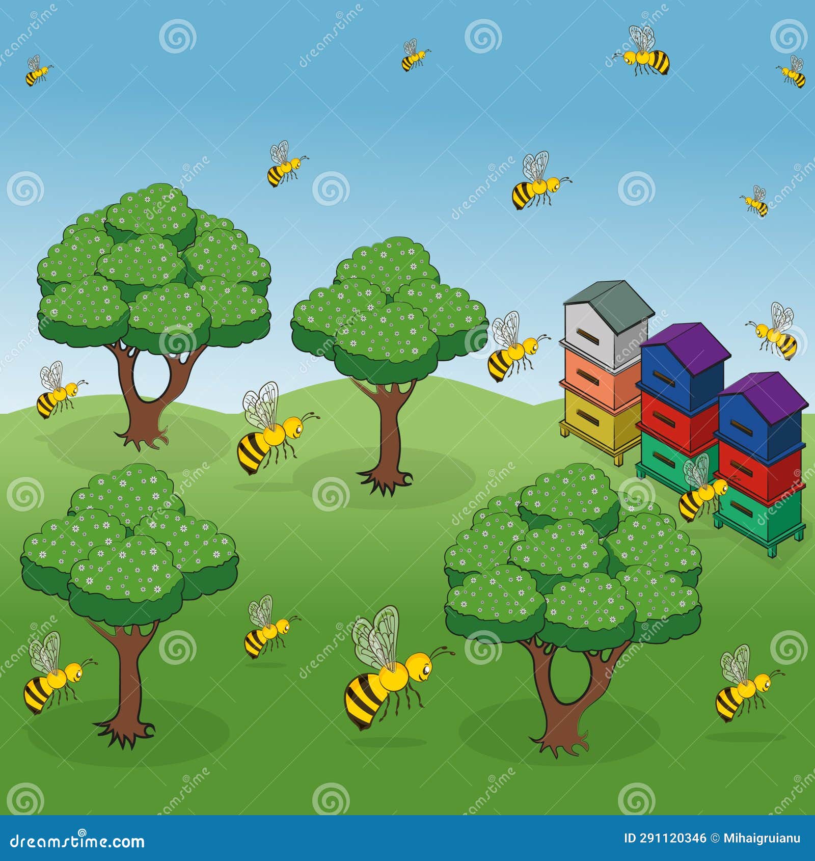 Orchard the Hard Working Bees Hives Stock Illustration - Illustration of apiary, landscape ...