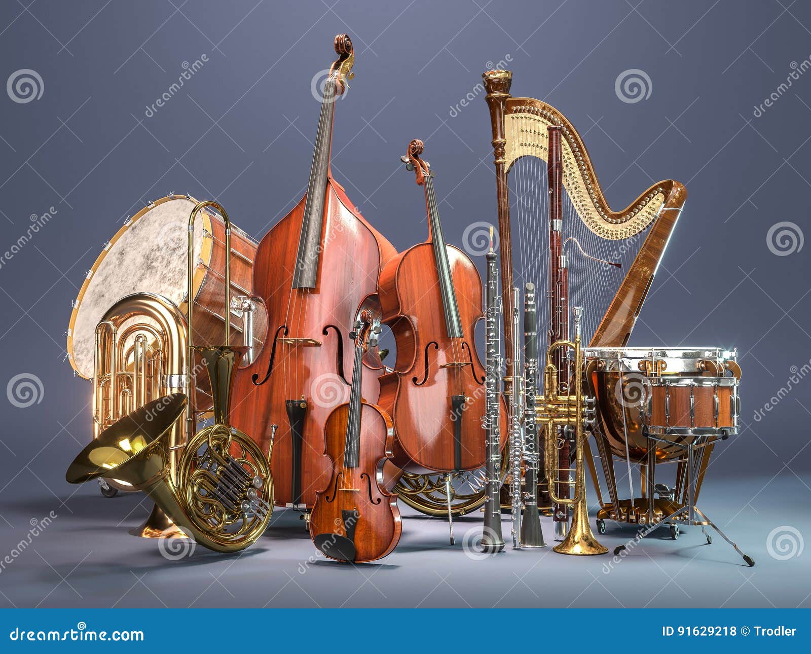 Orchestra Musical Instruments on Grey Background. 3D Rendering Stock ...