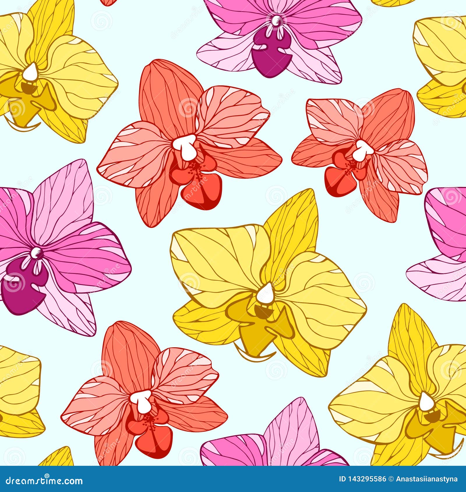 Orchid Hand Drawn Flower Vector Seamless Pattern Stock Vector