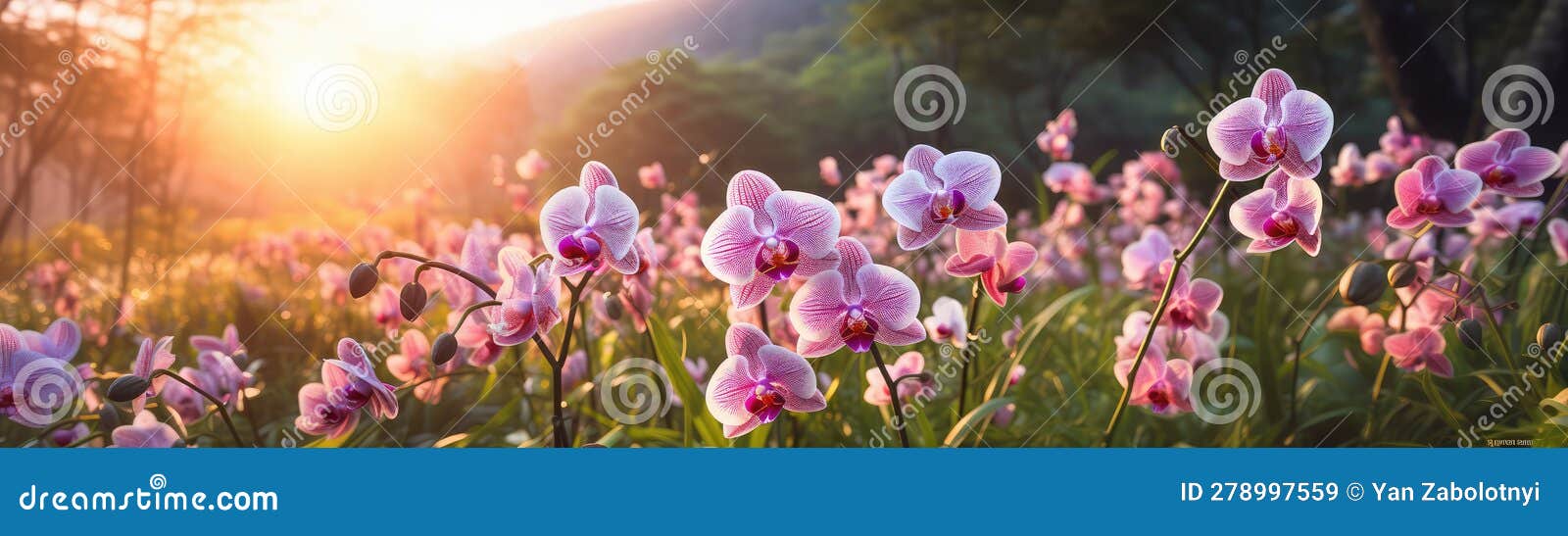 Orchids Field on Blurred Sunrise Background. Banner for Web. Generative ...