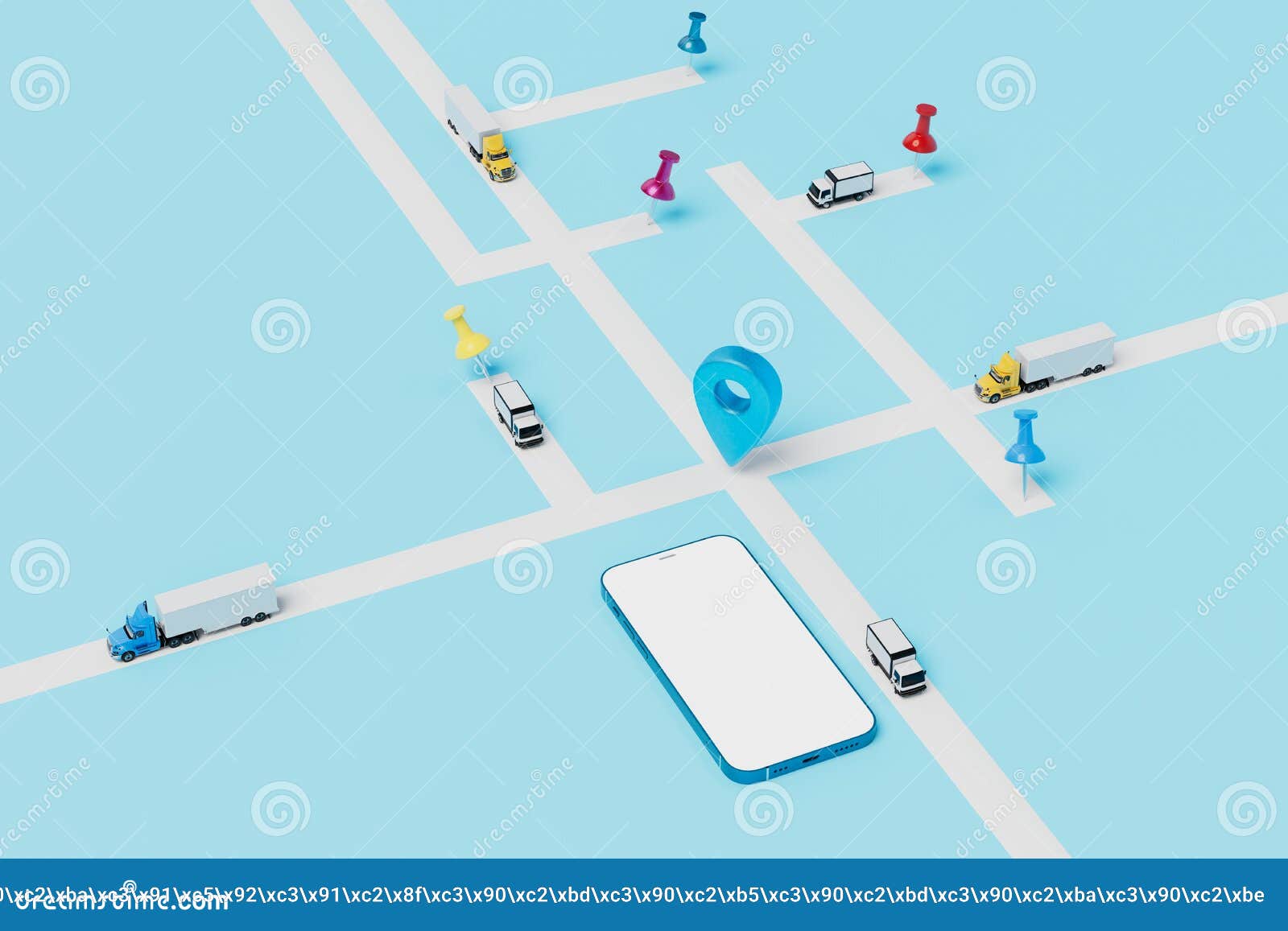 Ordering the Delivery of Goods Online. Smartphone and Trucks Driving ...