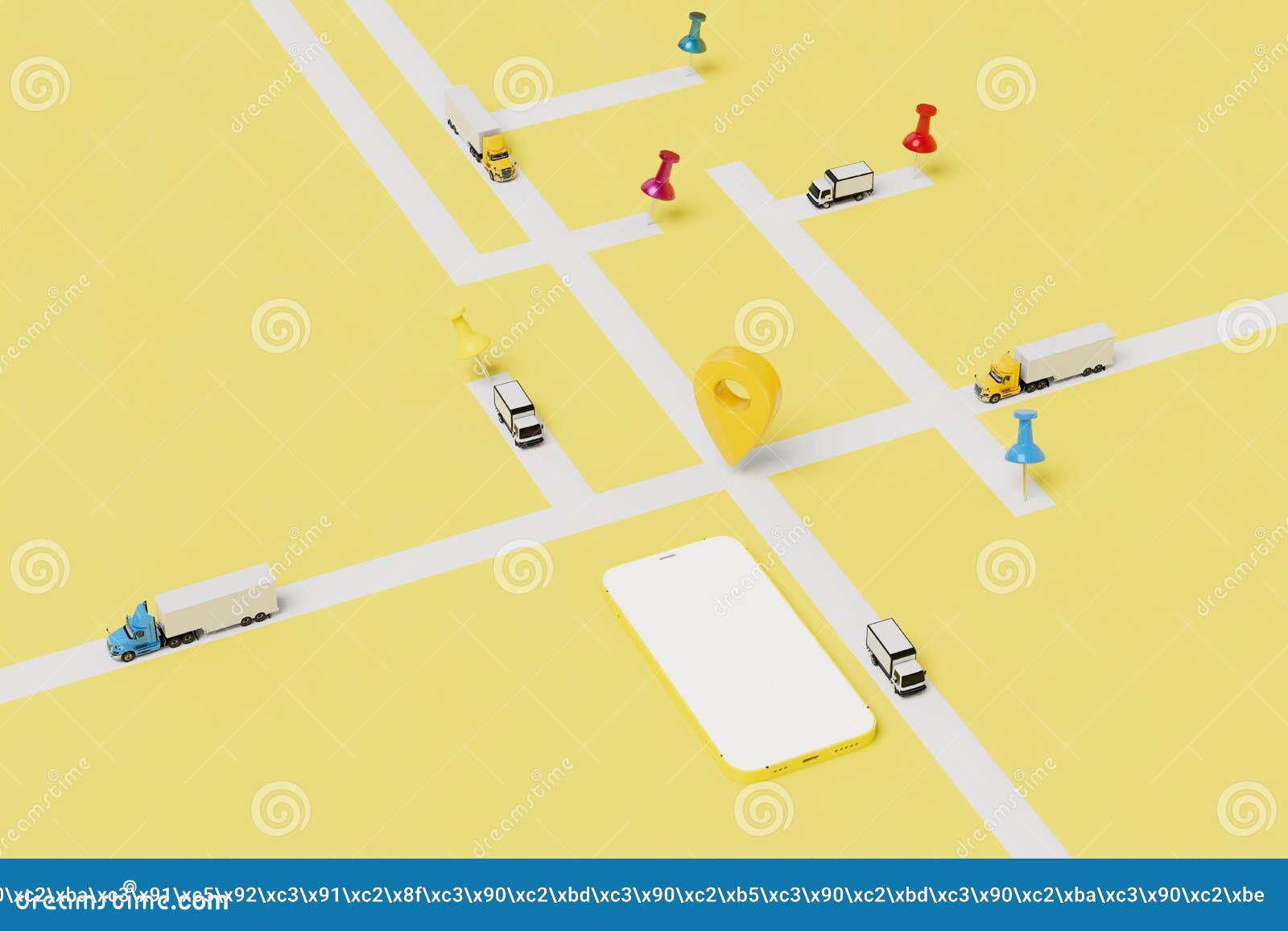 Ordering the Delivery of Goods Online. Smartphone and Trucks Driving ...