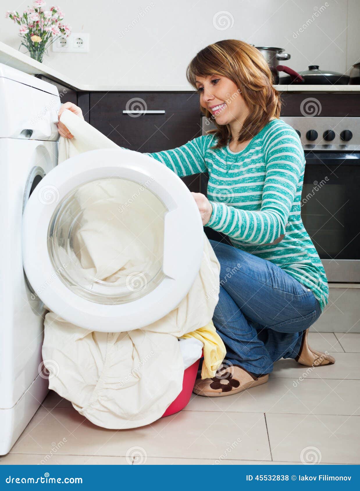 Ordinary Girl Using Washing Machine Stock Photo - Image of hygiene ...
