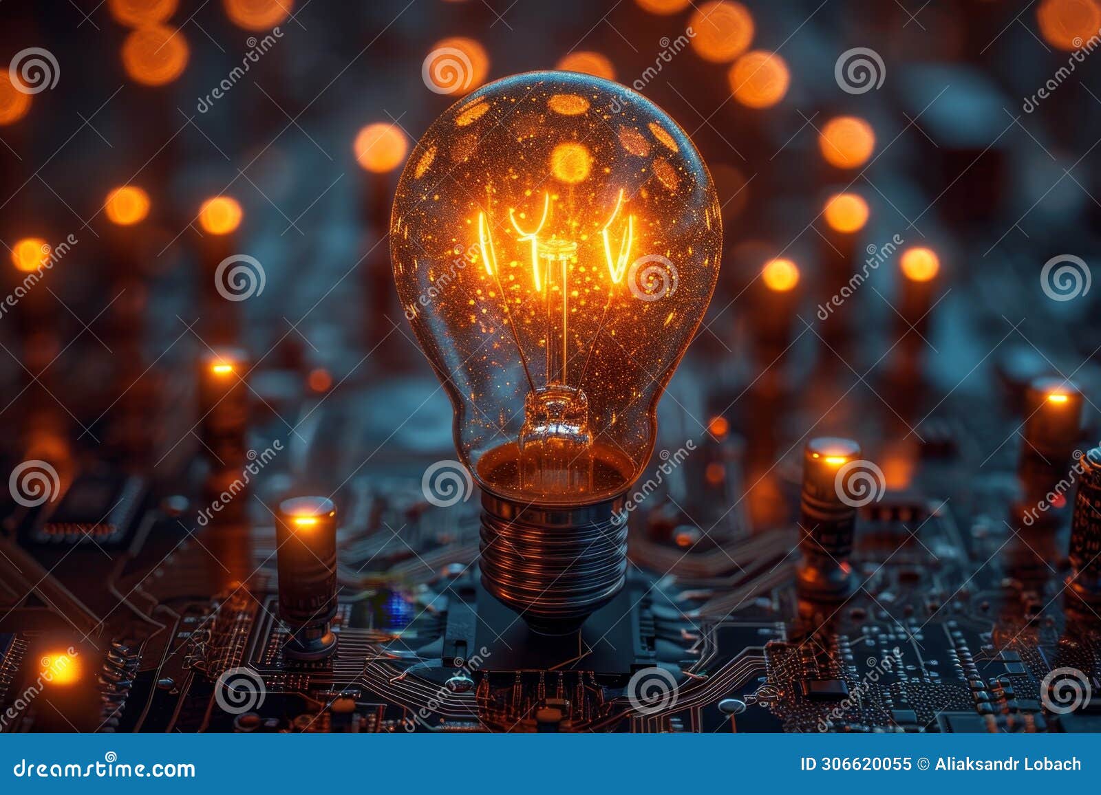 An Ordinary Incandescent Light Bulb Stands on a Chip and Burns at Night ...