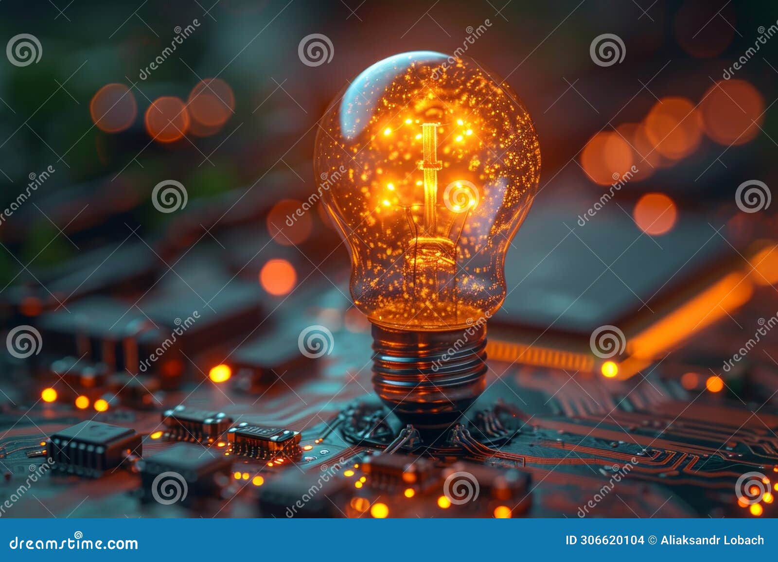 An Ordinary Incandescent Light Bulb Stands on a Chip and Burns at Night ...