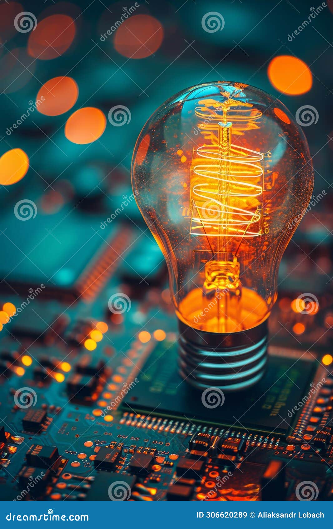 An Ordinary Incandescent Light Bulb Stands on a Chip and Burns at Night ...