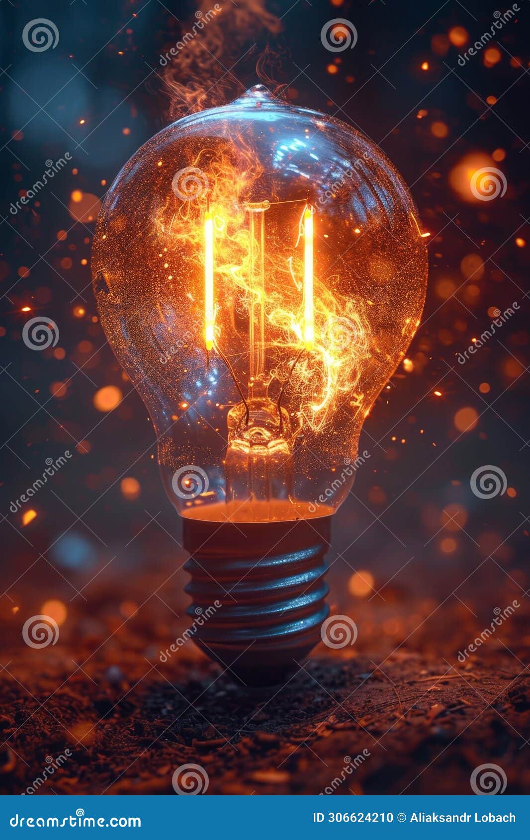 An Ordinary Incandescent Light Bulb Stands on the Ground and Burns at ...