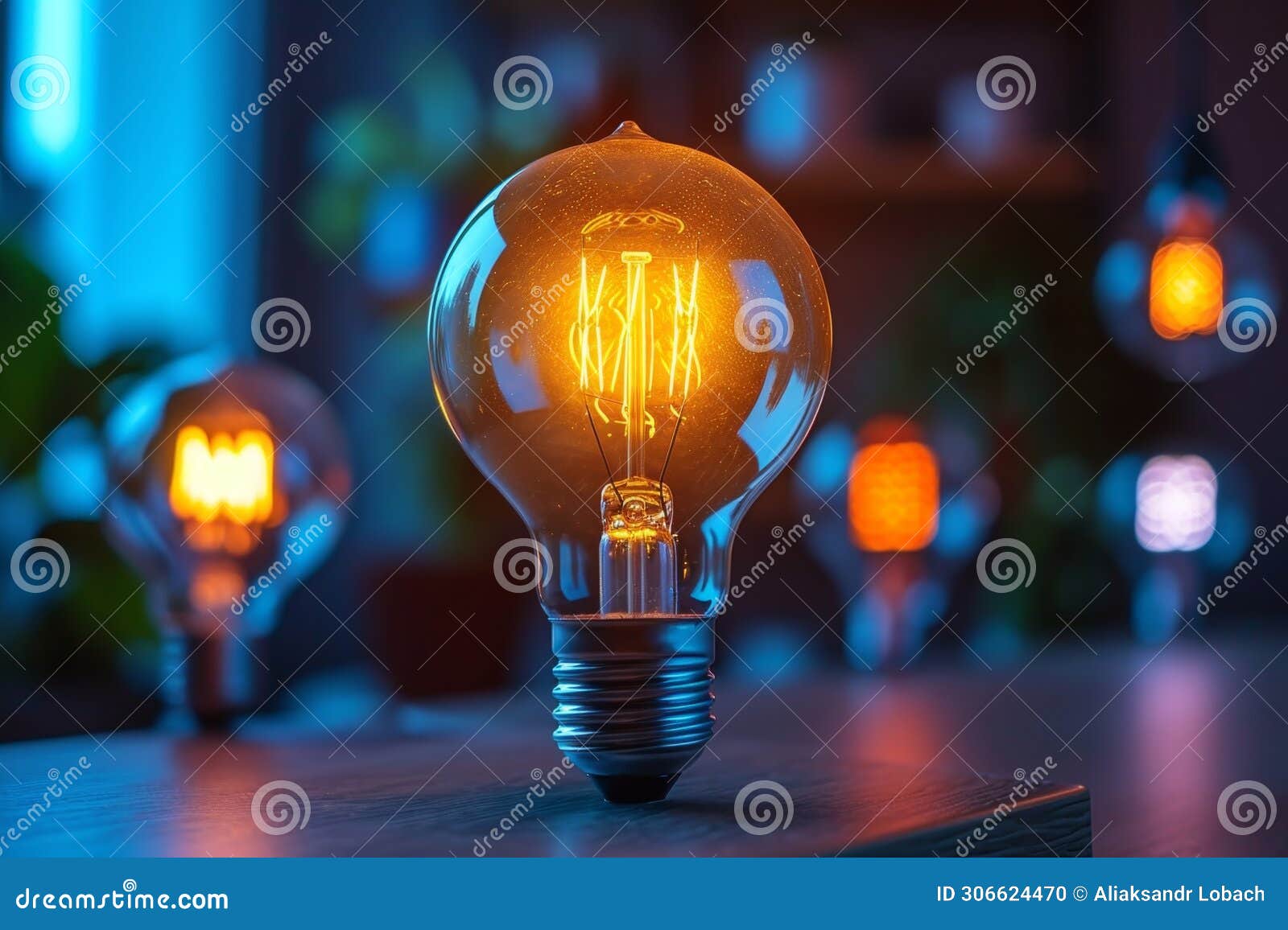 An Ordinary Incandescent Light Bulb Stands on the Table and Burns at ...