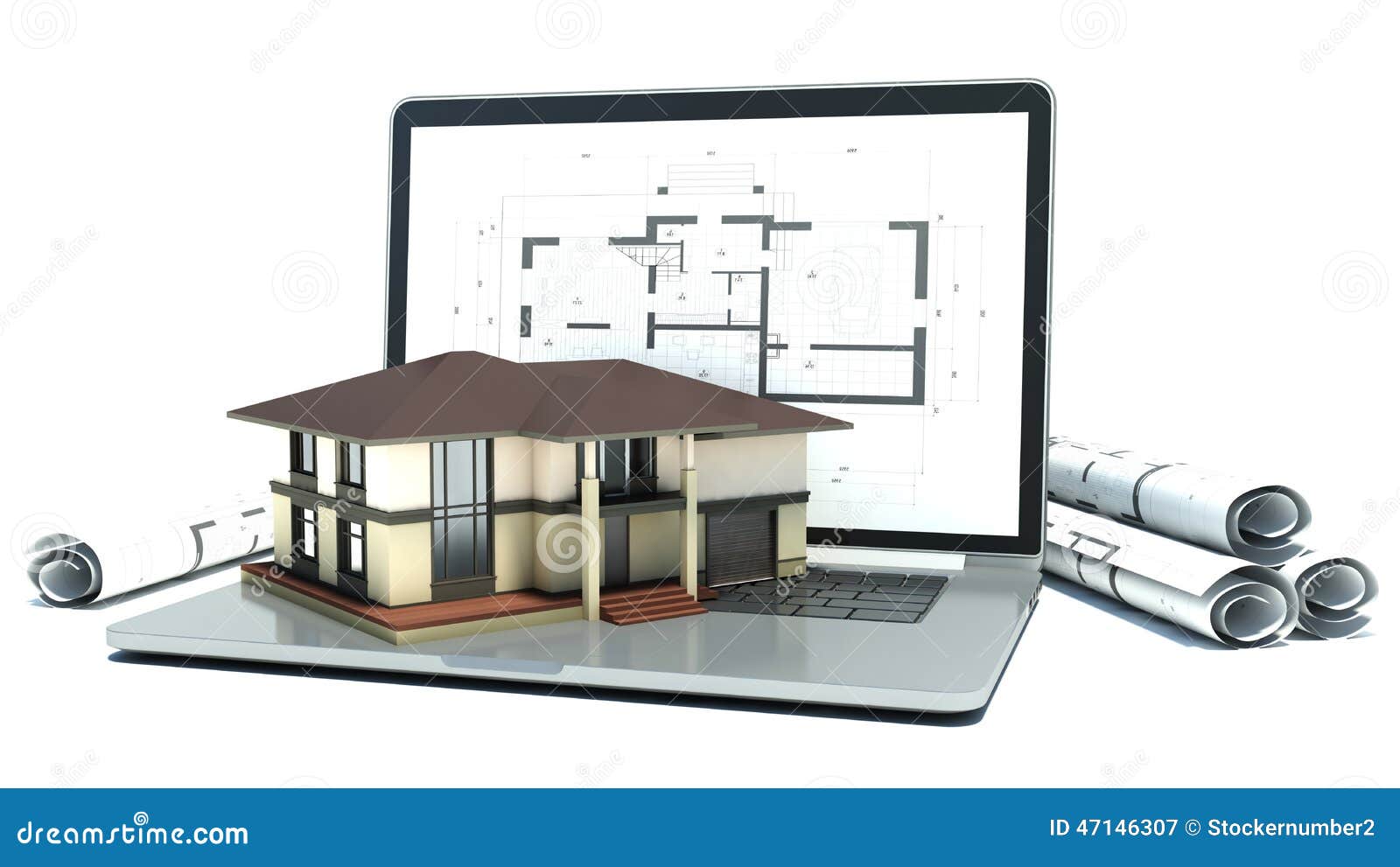 Ordinateur Portable Et Dessins Avec Le Projet De Maison 3d Illustration ...