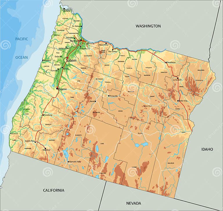 Detailed Oregon Physical Map with Labeling. Stock Vector - Illustration ...