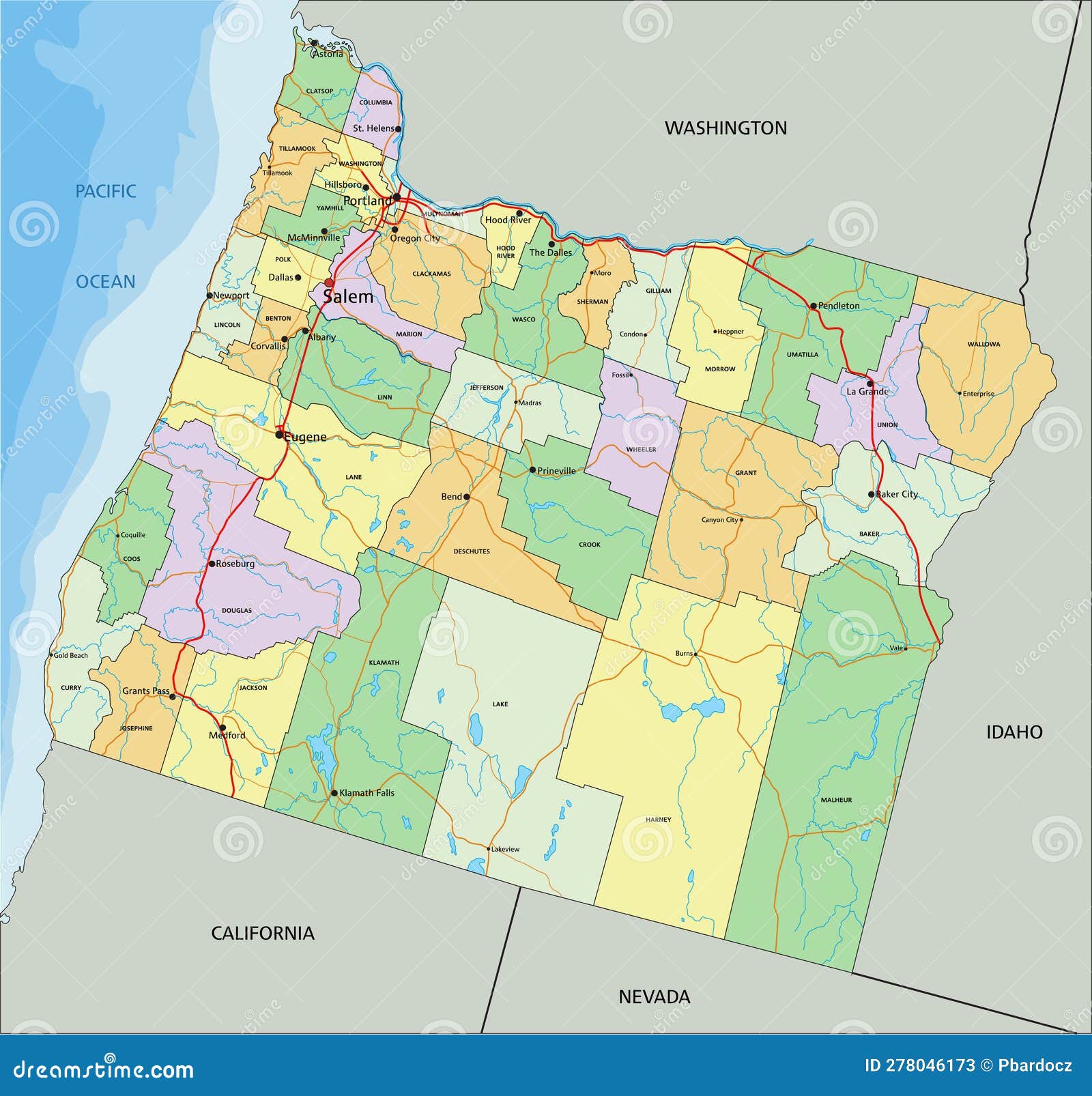 Oregon Map. Political Map Of Oregon With Boundaries In Outline Cartoon ...