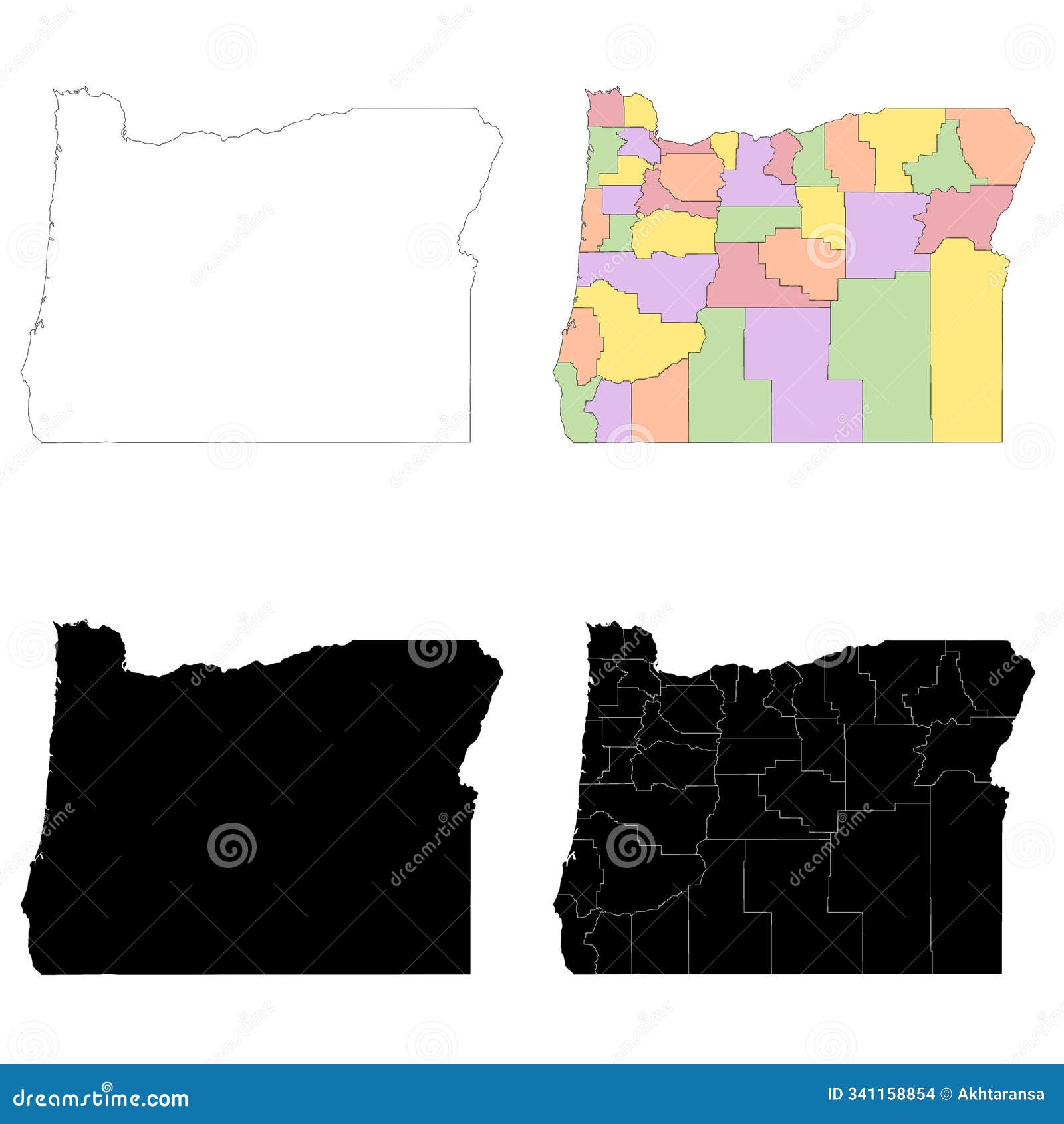 Oregon Administrative Map, Oregon Outline and Counties State Map Set ...
