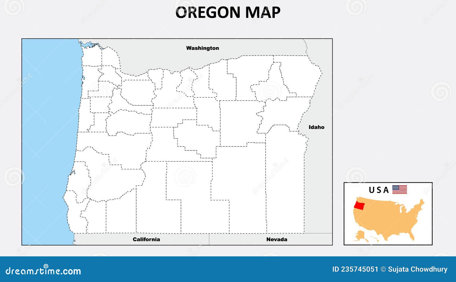 Oregon Map. Political Map Of Oregon With Boundaries In Outline Cartoon ...