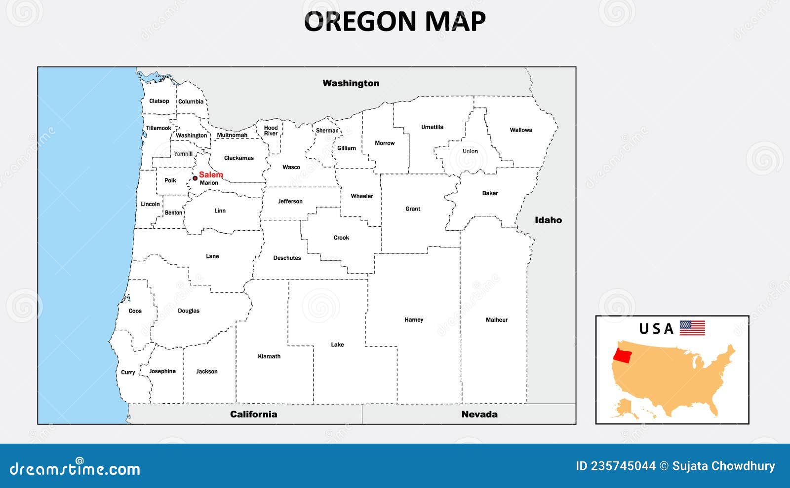 Oregon Map. Political Map Of Oregon With Boundaries In White Color ...