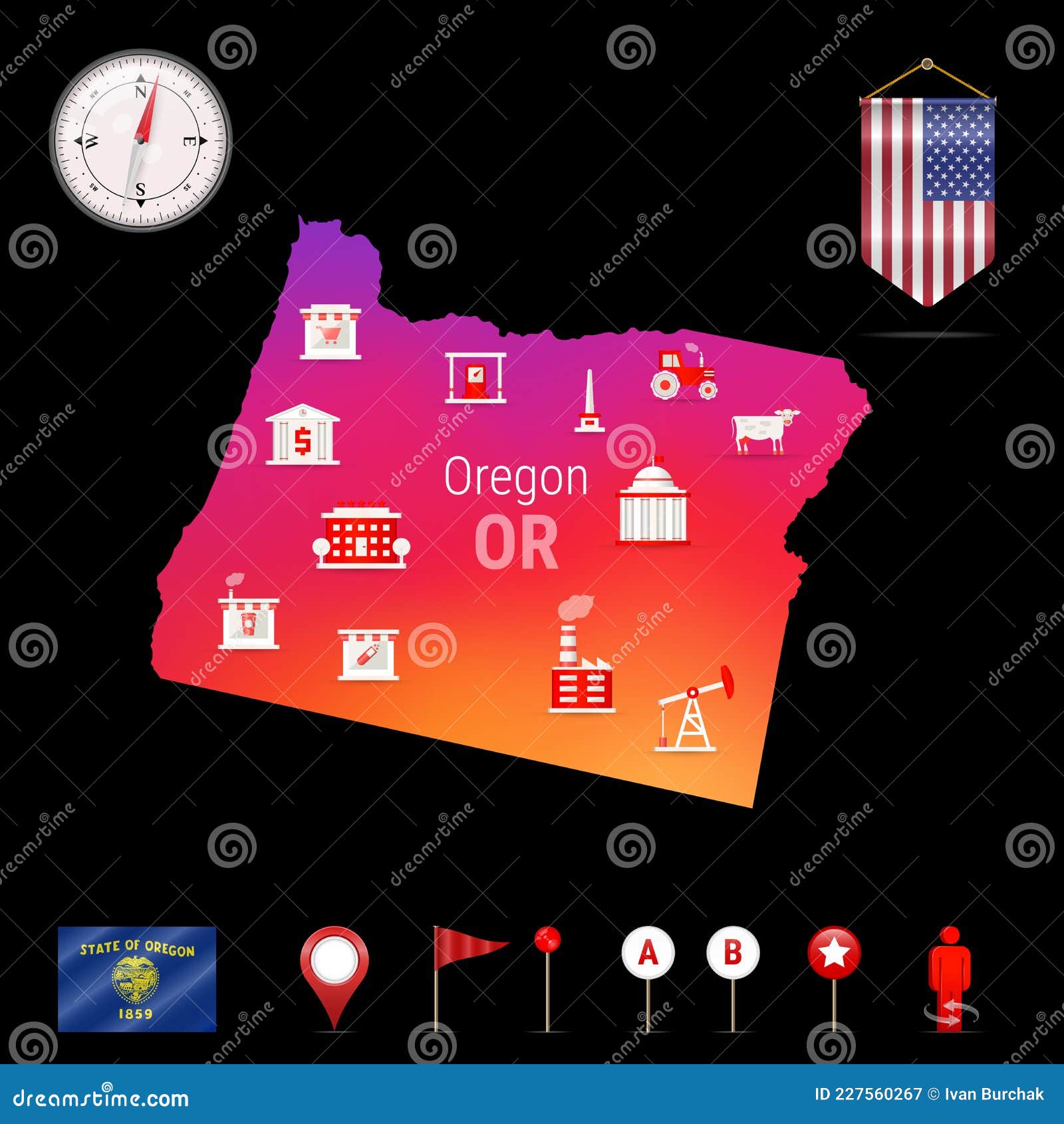 Oregon Vector Map, Night View. Compass Icon, Map Navigation Elements ...