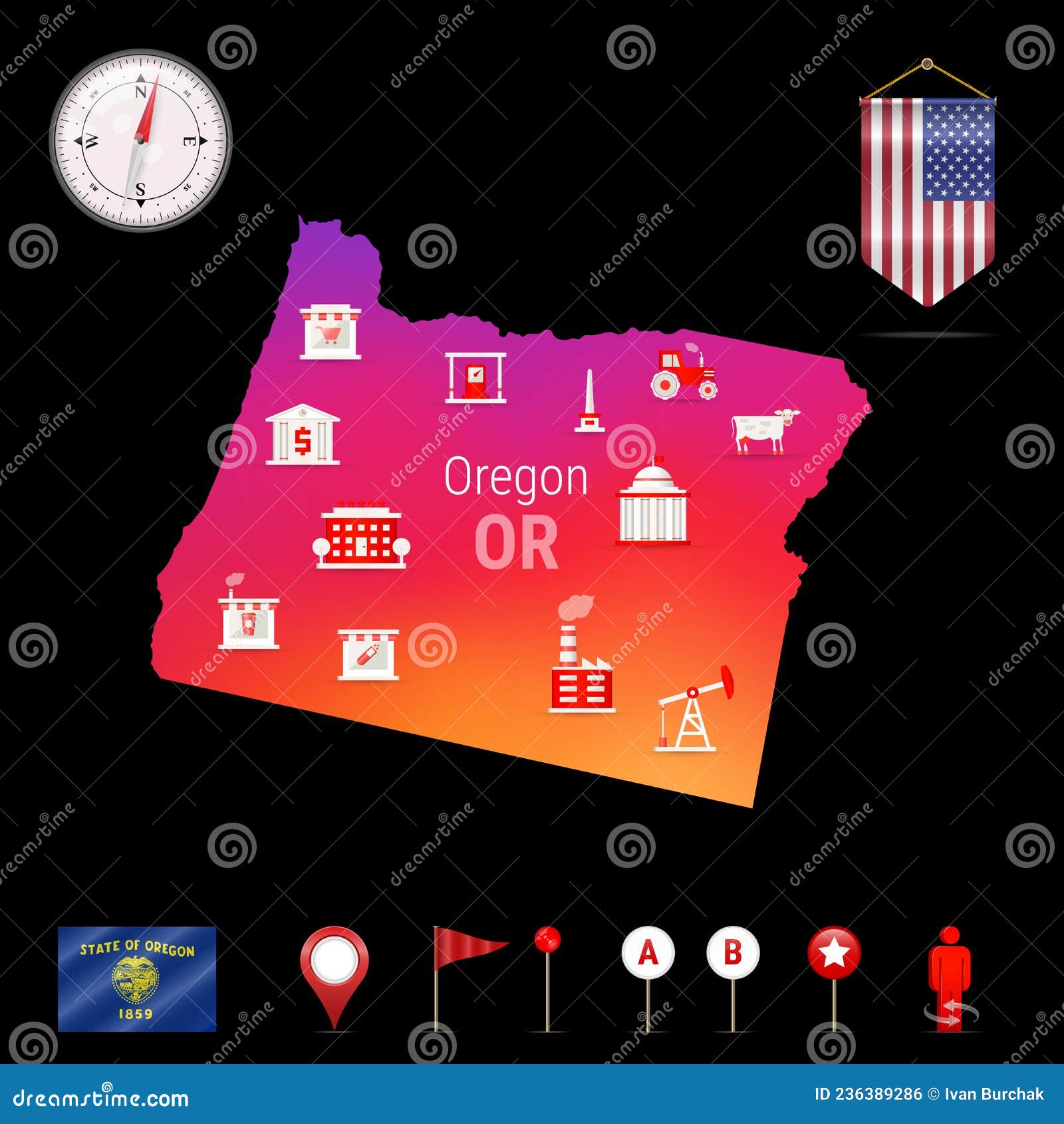 Oregon Vector Map, Night View. Compass Icon, Map Navigation Elements ...