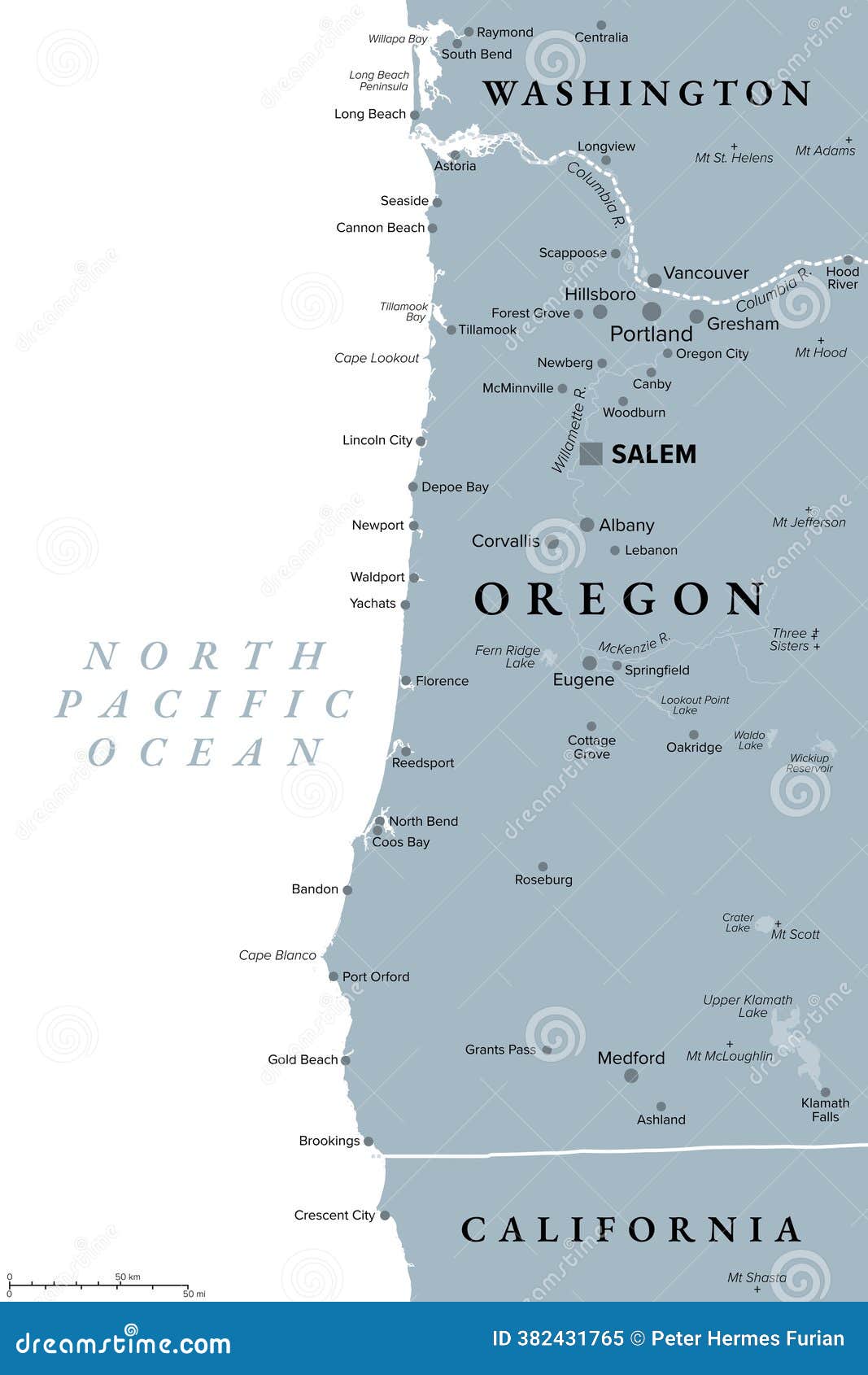 Oregon, OR, Gray Political Map, US State, The Beaver State Cartoon ...