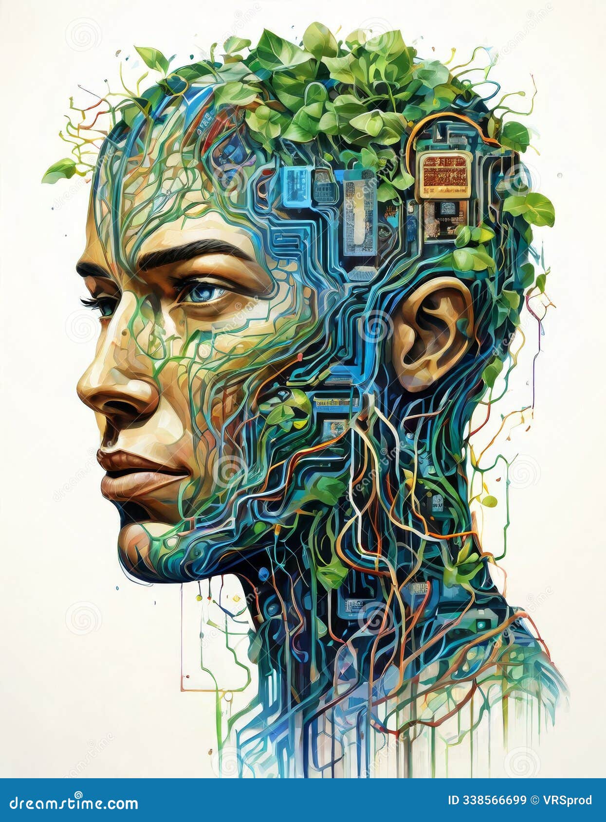 Organic AI Cyborg with Circuit Patterns and Plant Elements Stock Image ...