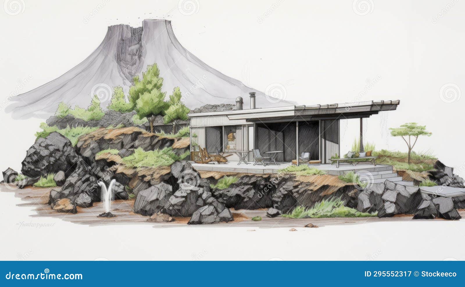 Organic Architecture Stone Cabin with Volcano in Panoramic Scale Stock ...