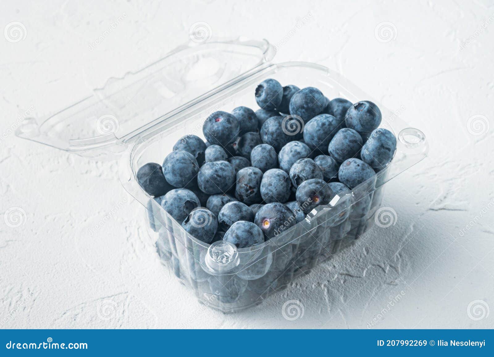 Organic Blueberries in Plastic Box Package, on White Background Stock ...