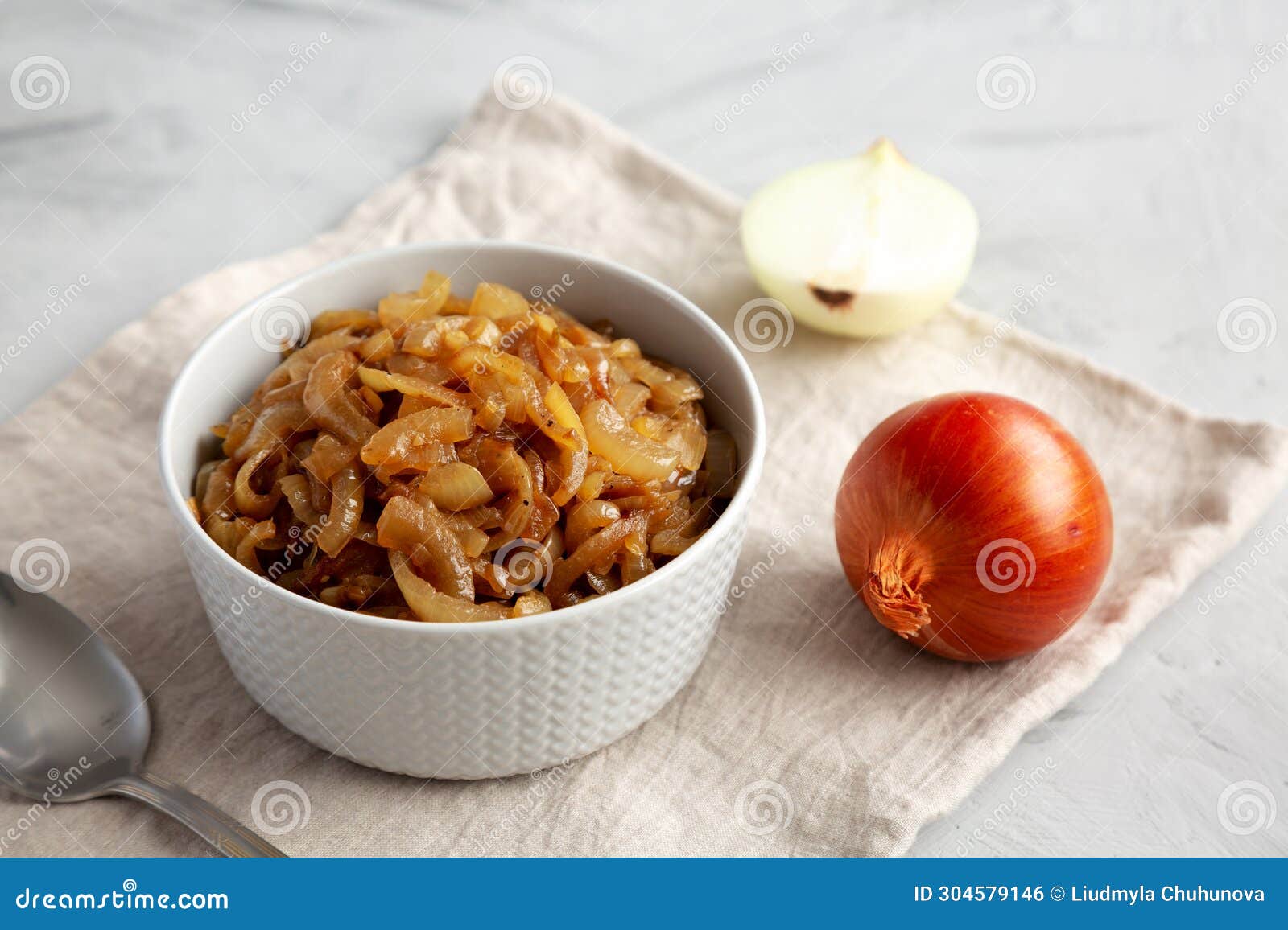 Organic Caramelized Onions in a Bowl, Side View Stock Photo - Image of ...