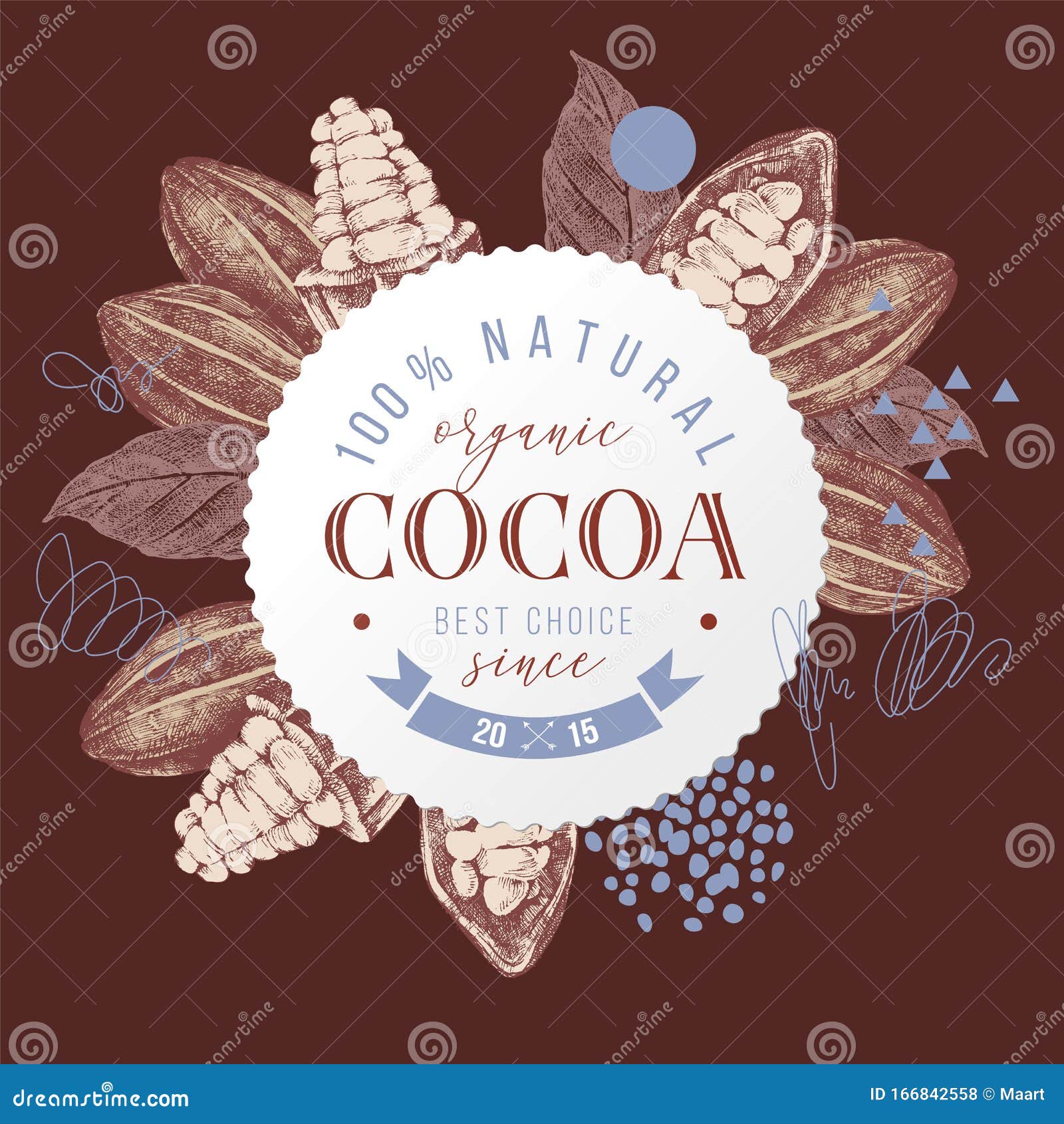Organic Cocoa Label Over Hand Drawn Cocoa Beans and Leaves Stock Vector ...