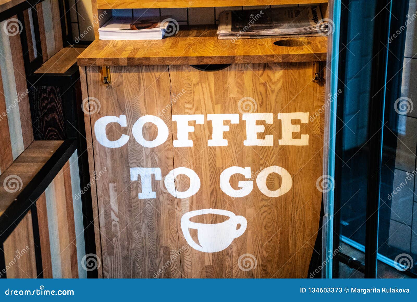 Organic Coffee Signage at a Cafe. Coffee To Go Interior Concept Stock ...