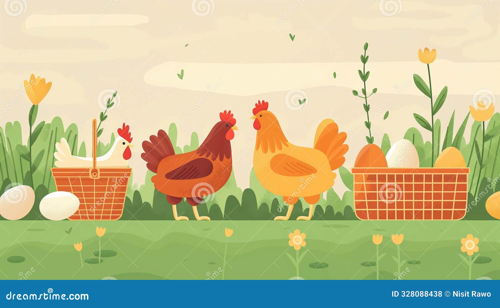 Organic Farm, Free-range Chickens and Egg Baskets, Flat Design ... Organic Farm, Free-range Chickens and Egg Baskets, Flat Design ...