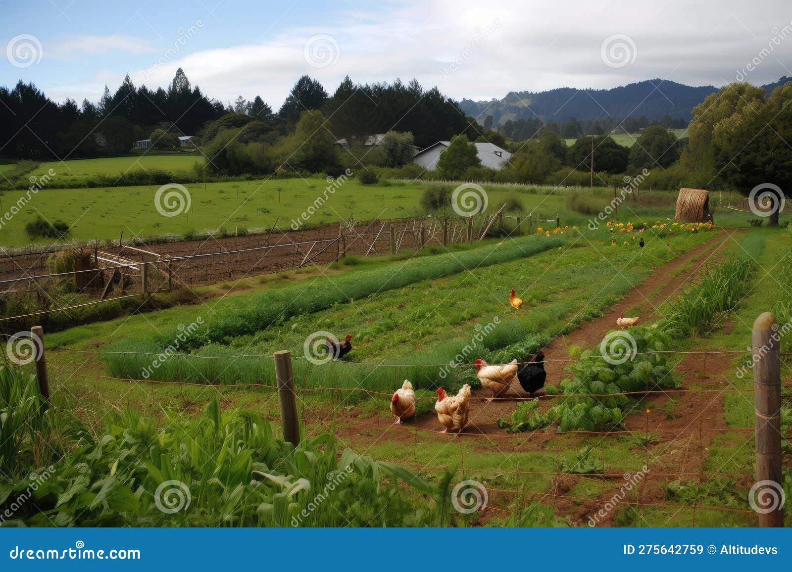 Organic Farm, with Rows of Crops and Free-range Livestock Stock Image ...