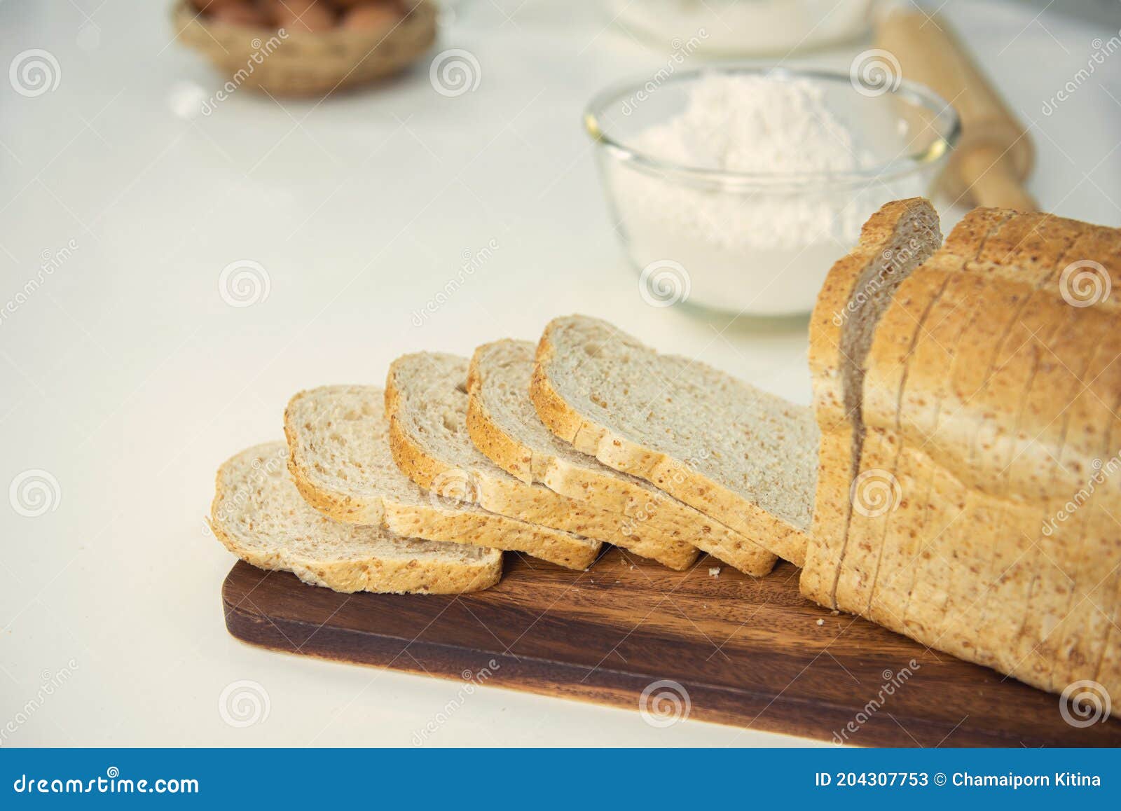 Organic Fresh Bread Slide on Wooden Cutting Board Stock Image - Image ...