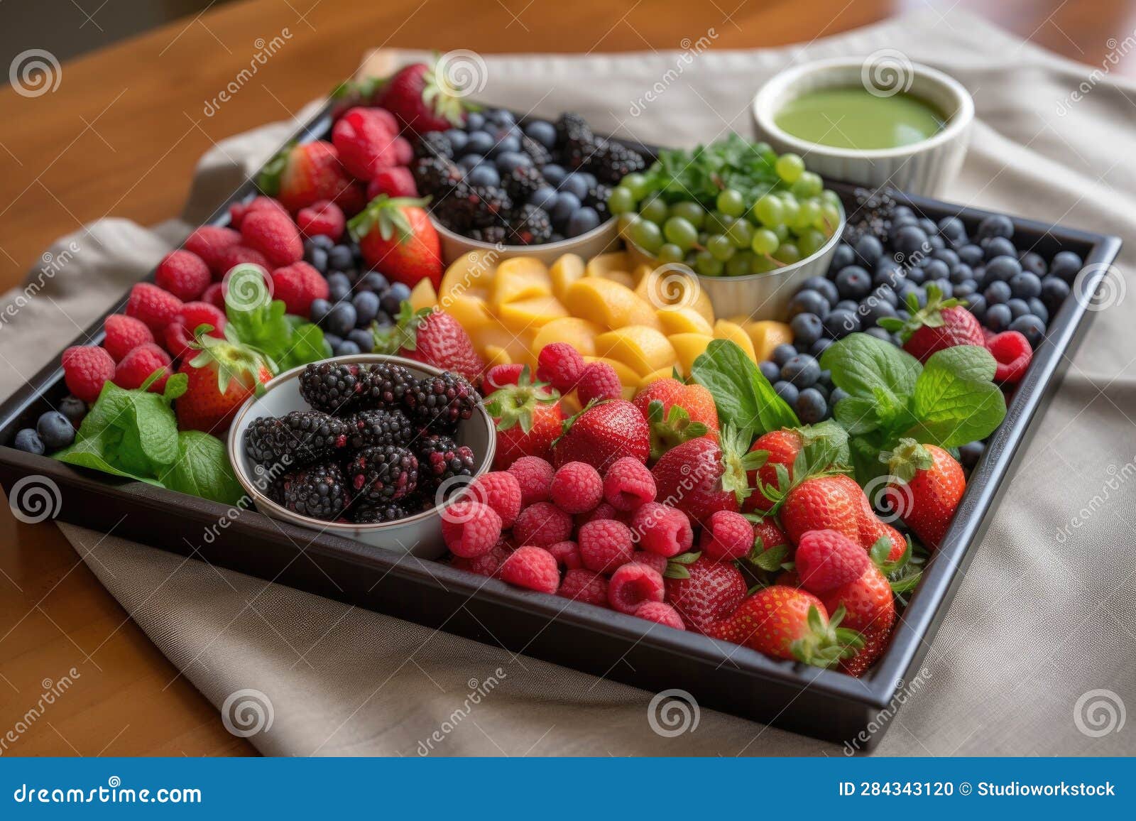 Organic Fruit Tray with Mixed Berries and Greens Stock Illustration ...