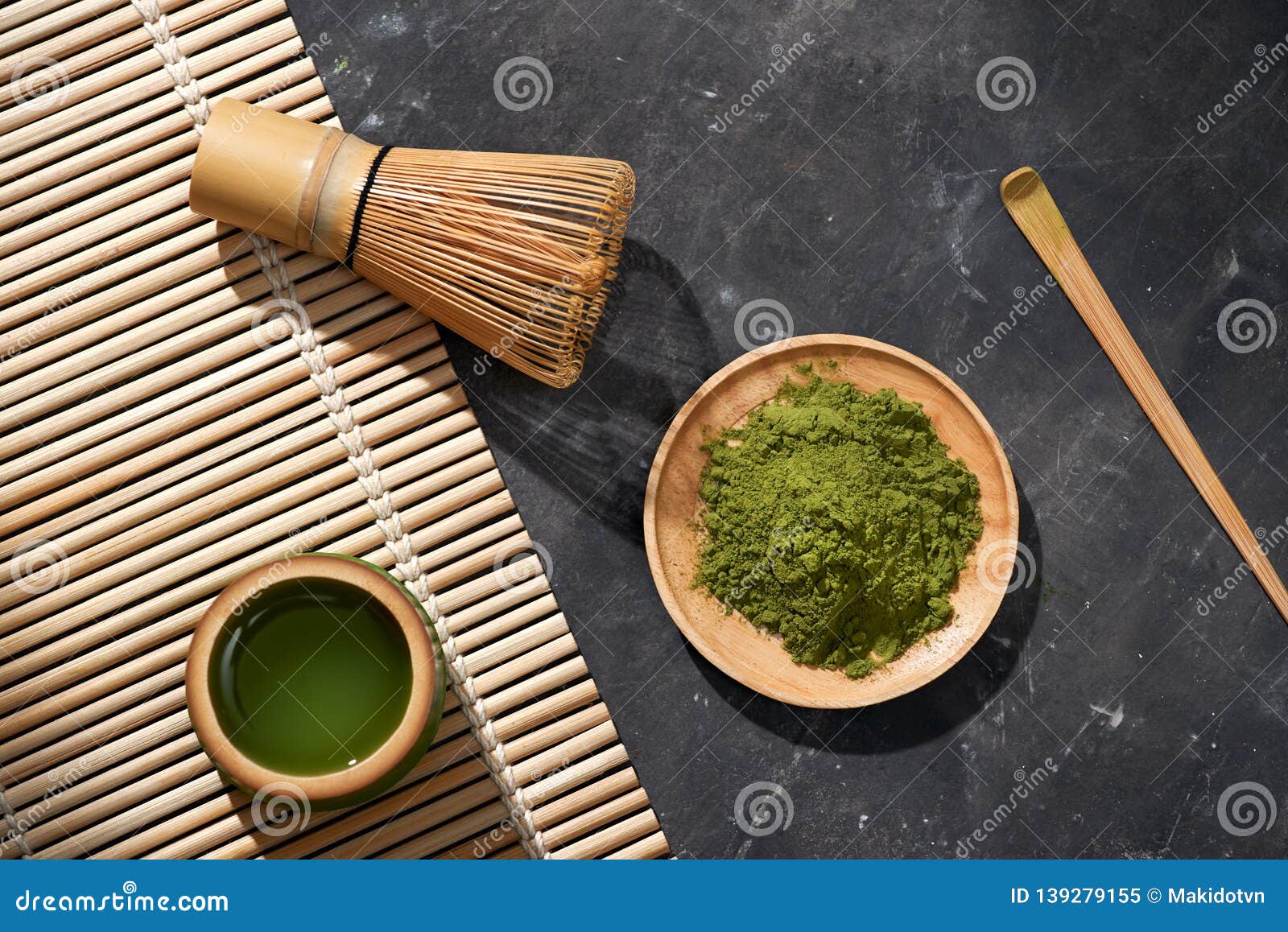 Organic Green Matcha Tea on Wooden Table, Copyspace Stock Image - Image ...