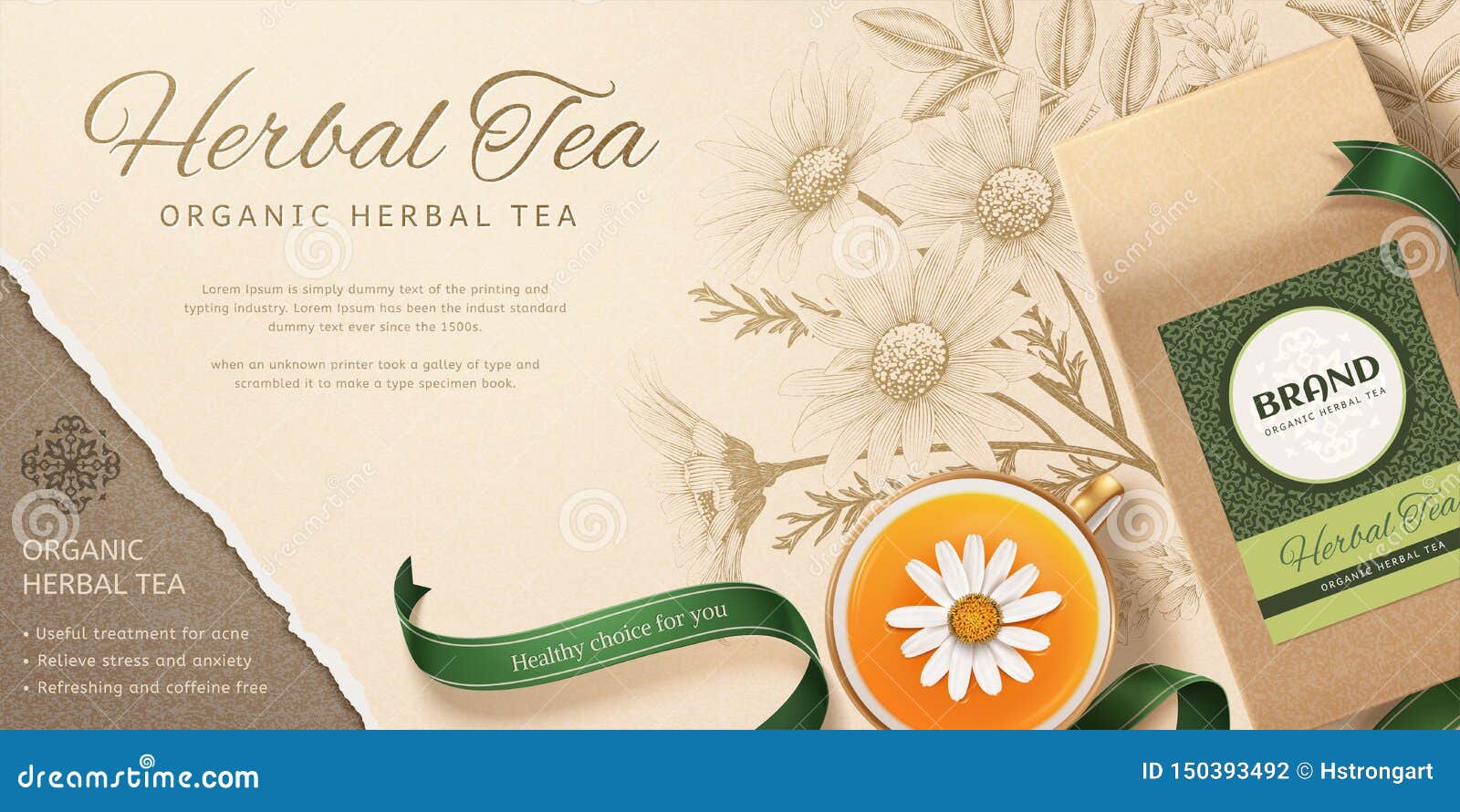 Organic herbal tea ads stock vector. Illustration of plant - 150393492