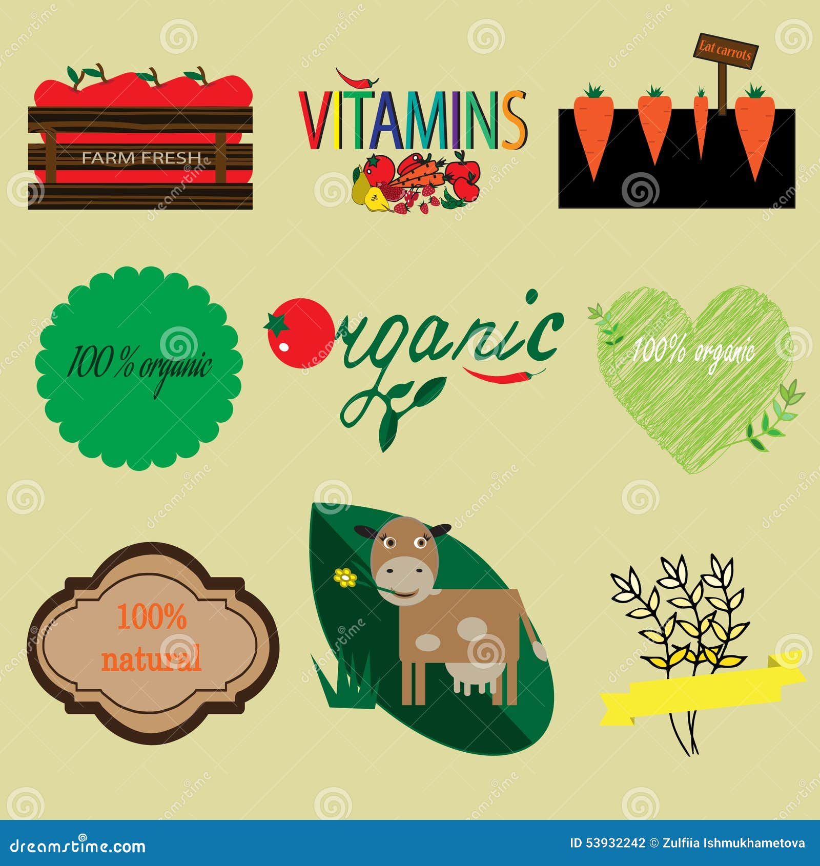 Organic and Natural Labels Set Stock Vector - Illustration of fruit ...