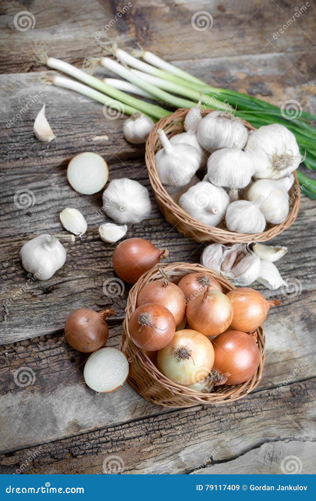 Organic Onion, Garlic and Spring Onion on Table Stock Image - Image of ...