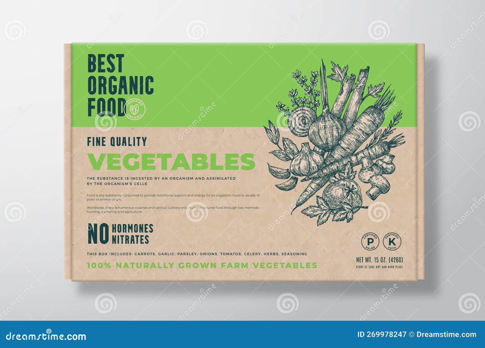 Organic Vegetables Vector Packaging Label Design on a Craft Cardboard ...