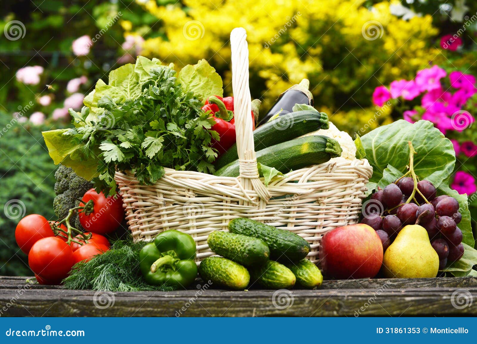 Organic Vegetables in Wicker Basket in the Garden Stock Image - Image ...