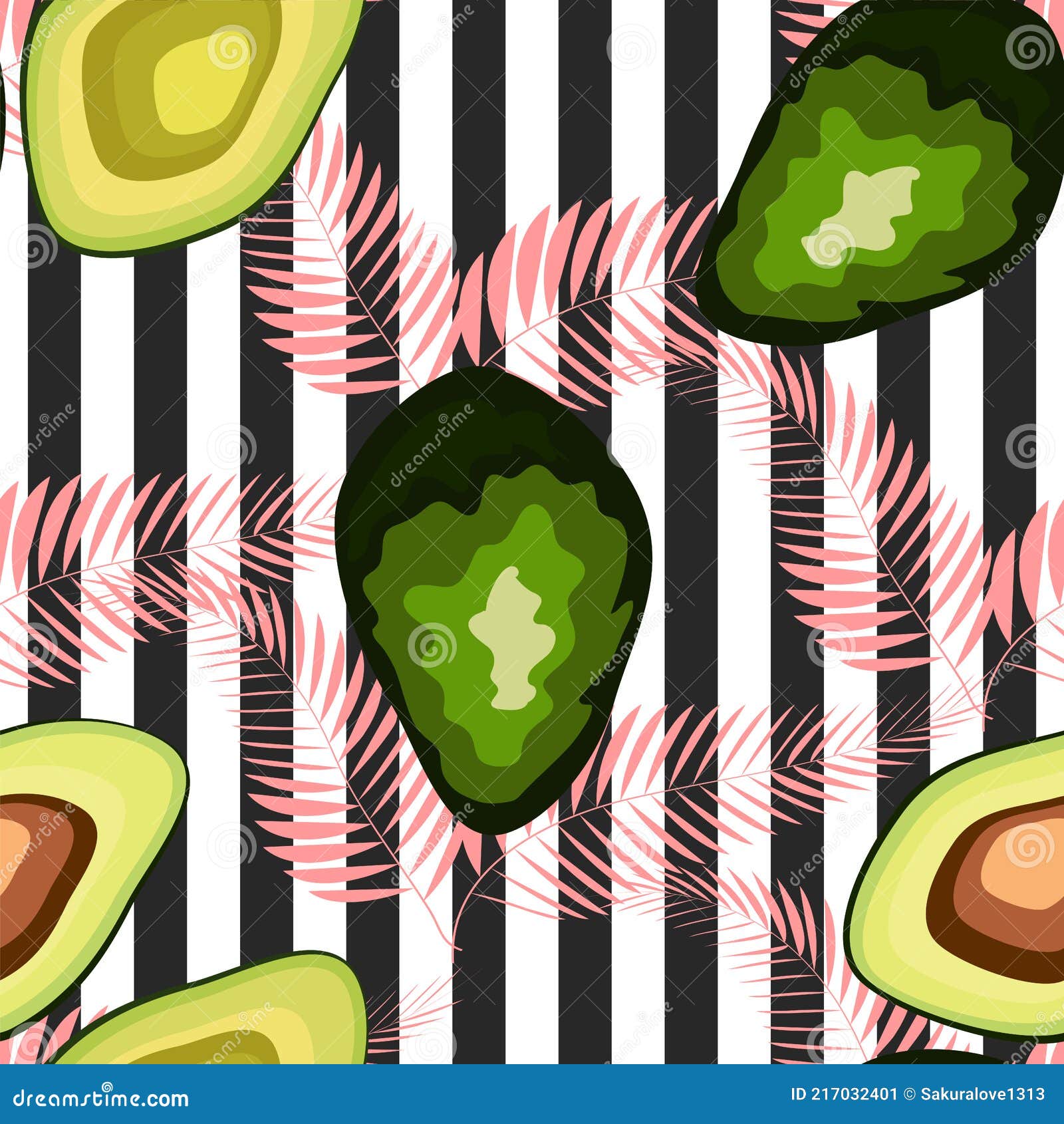 Seamless Pattern of Avocado Fruit with on a Striped Background. Organic ...