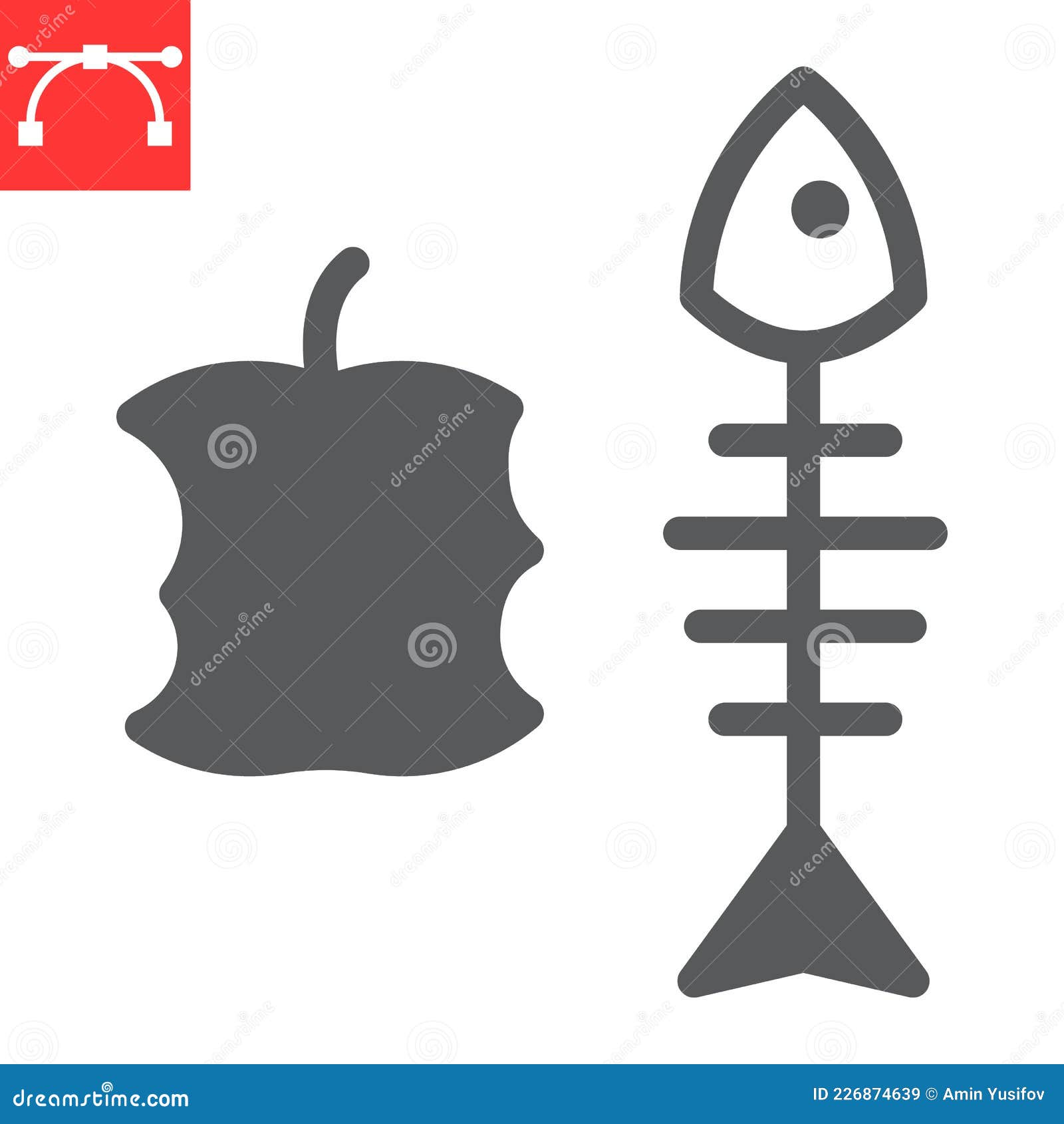 Organic Waste Glyph Icon, Apple Core and Fish Skeleton, Food Waste ...